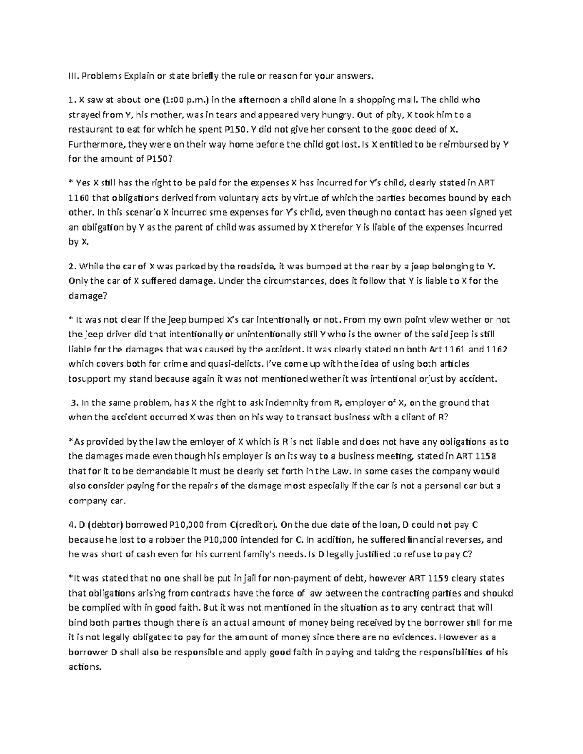 Scribfree - about law and obligations - III. Problems Explain or state ...