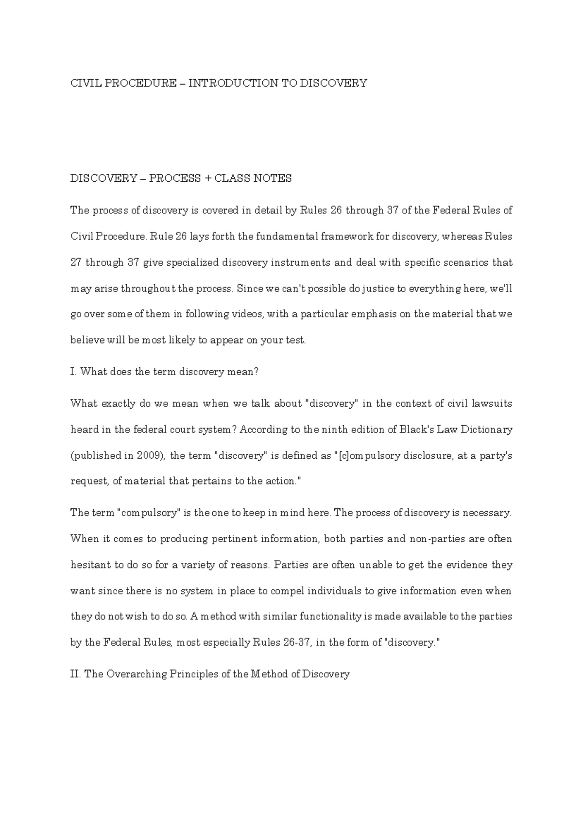 Civil PRO - Introduction TO Discovery - class notes - CIVIL PROCEDURE 3 ...