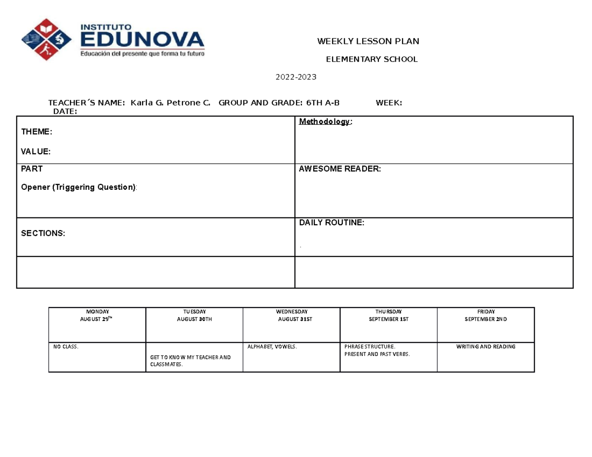 WEEK August 29th– September 2nd - WEEKLY LESSON PLAN ELEMENTARY SCHOOL ...