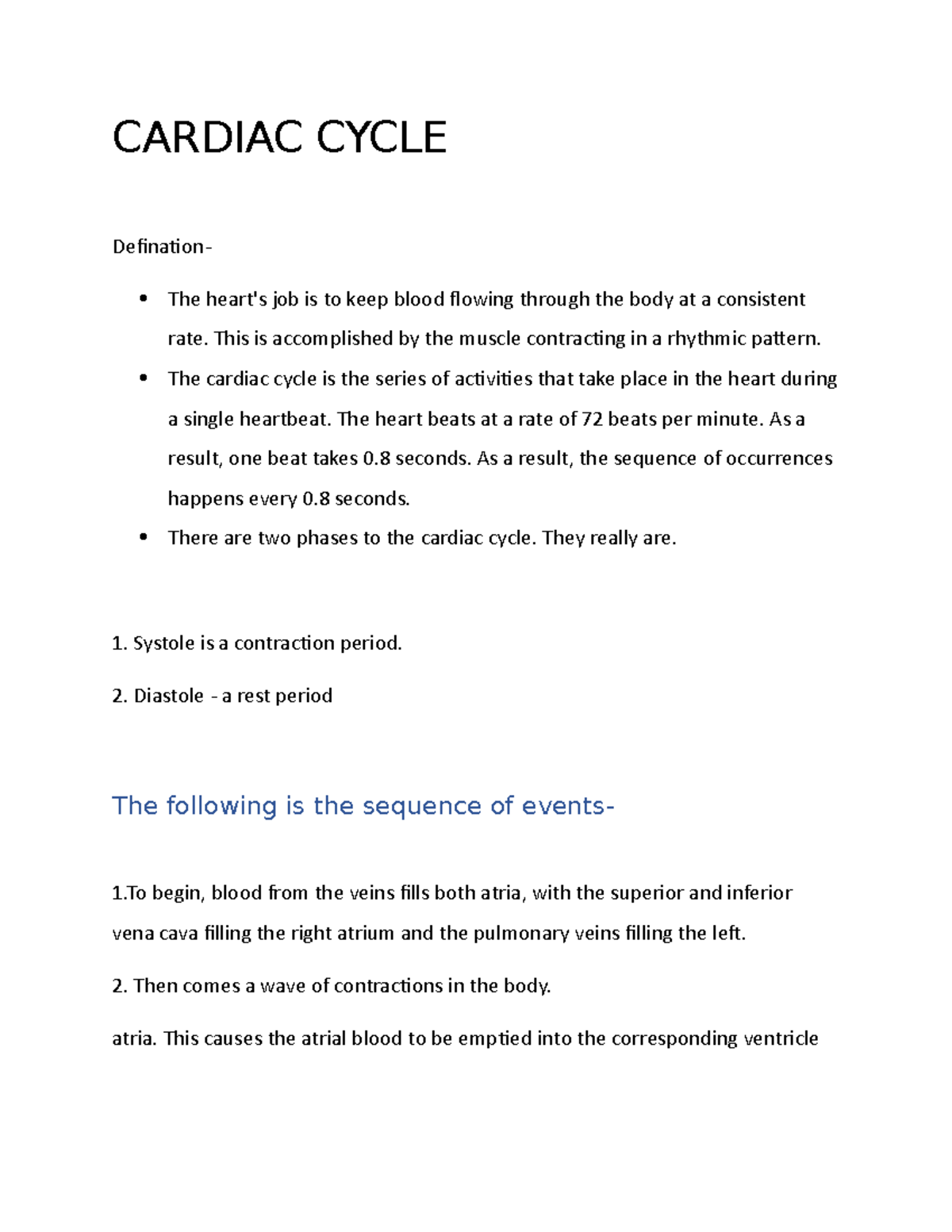 Cardiac Cycle - Lecture notes 9-10 - CARDIAC CYCLE Defination- The ...