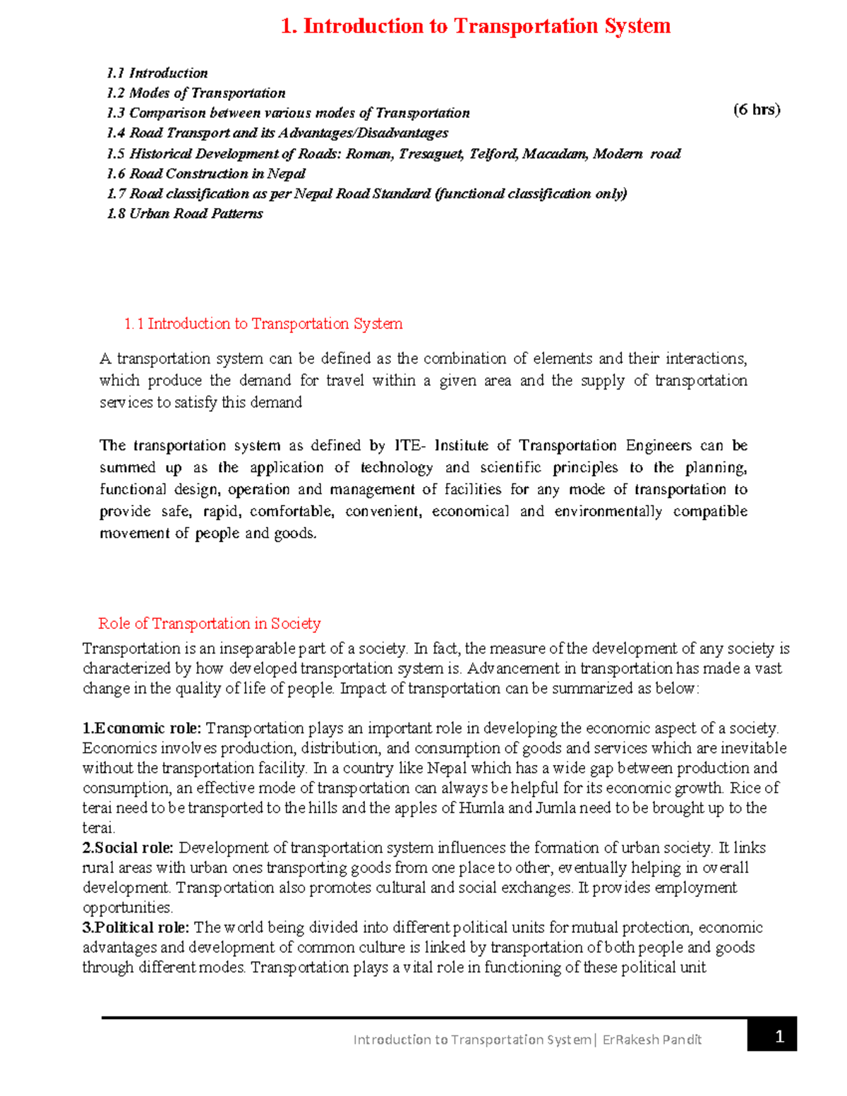 CH-1 Introduction to Transportation System by RP - Introduction to ...