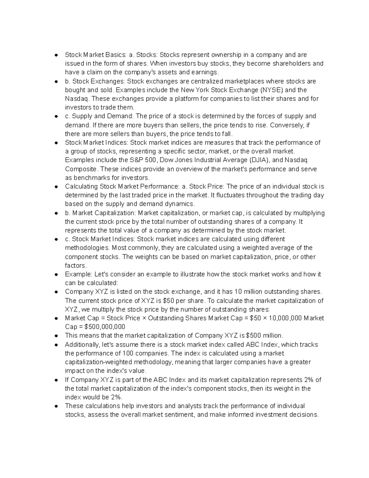 Untitled document - Stock Market Basics: a. Stocks: Stocks represent ...