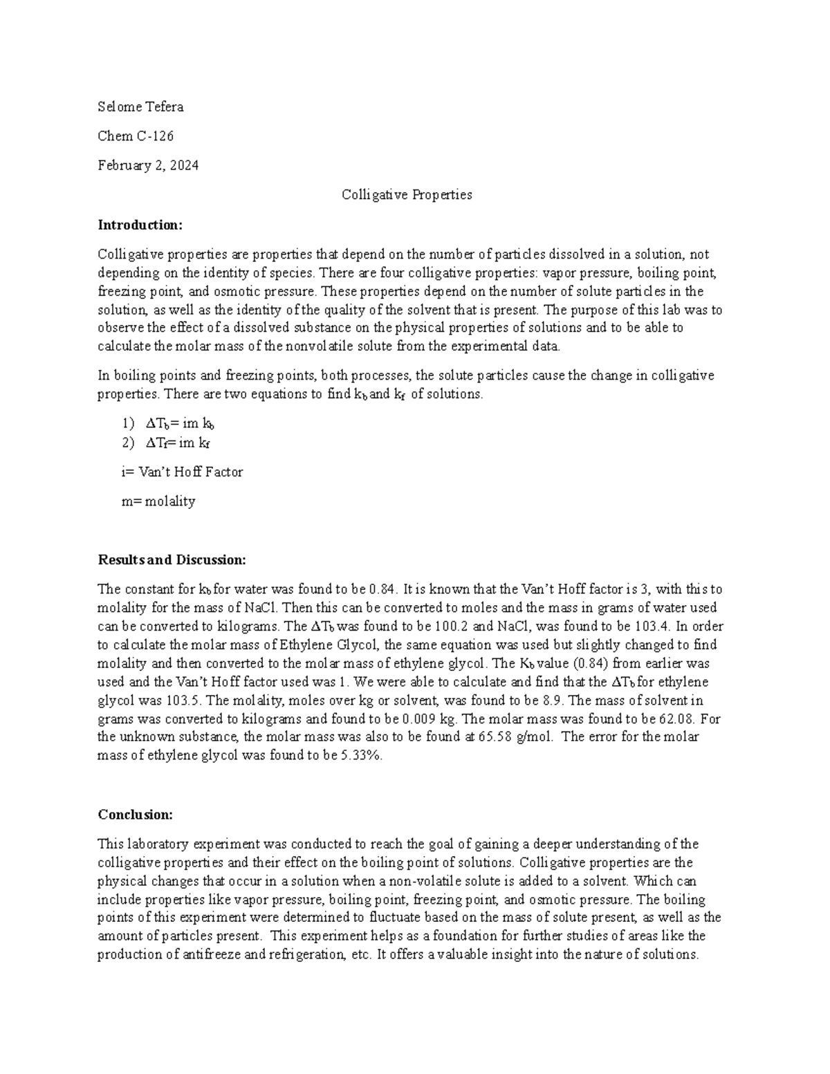 Lab 3 Colligative Properties Lab Report - Selome Tefera Chem C ...