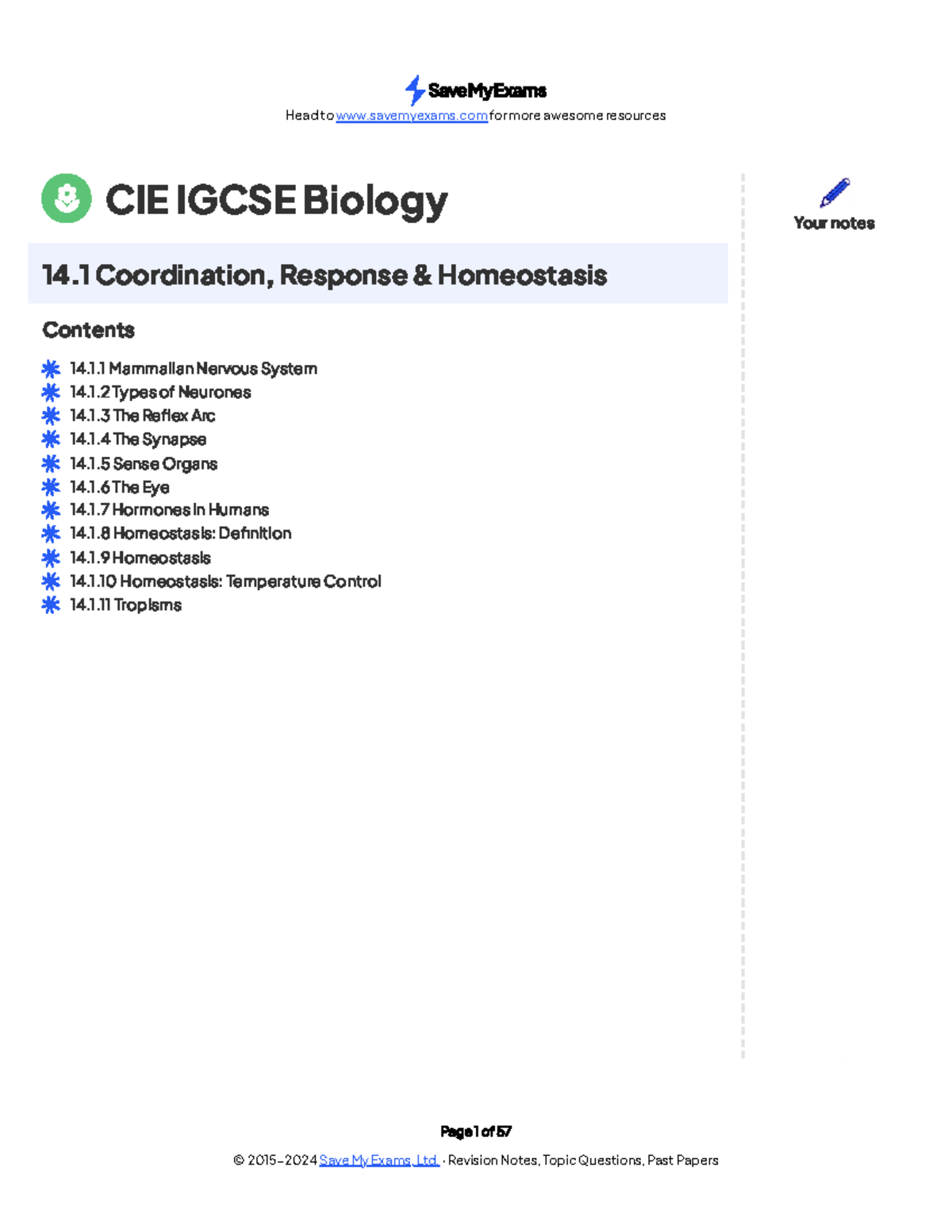 CH 14 Coordination and Response SME - Page 1 of 57 CIE IGCSE Biology 14 ...