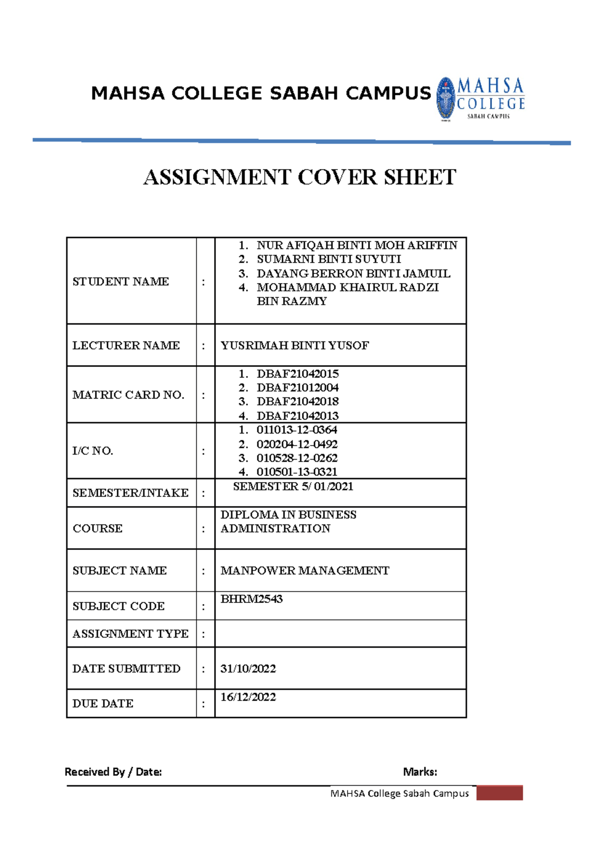 Report BHRM - ASSIGNMENT COVER SHEET STUDENT NAME : 1. NUR AFIQAH BINTI ...