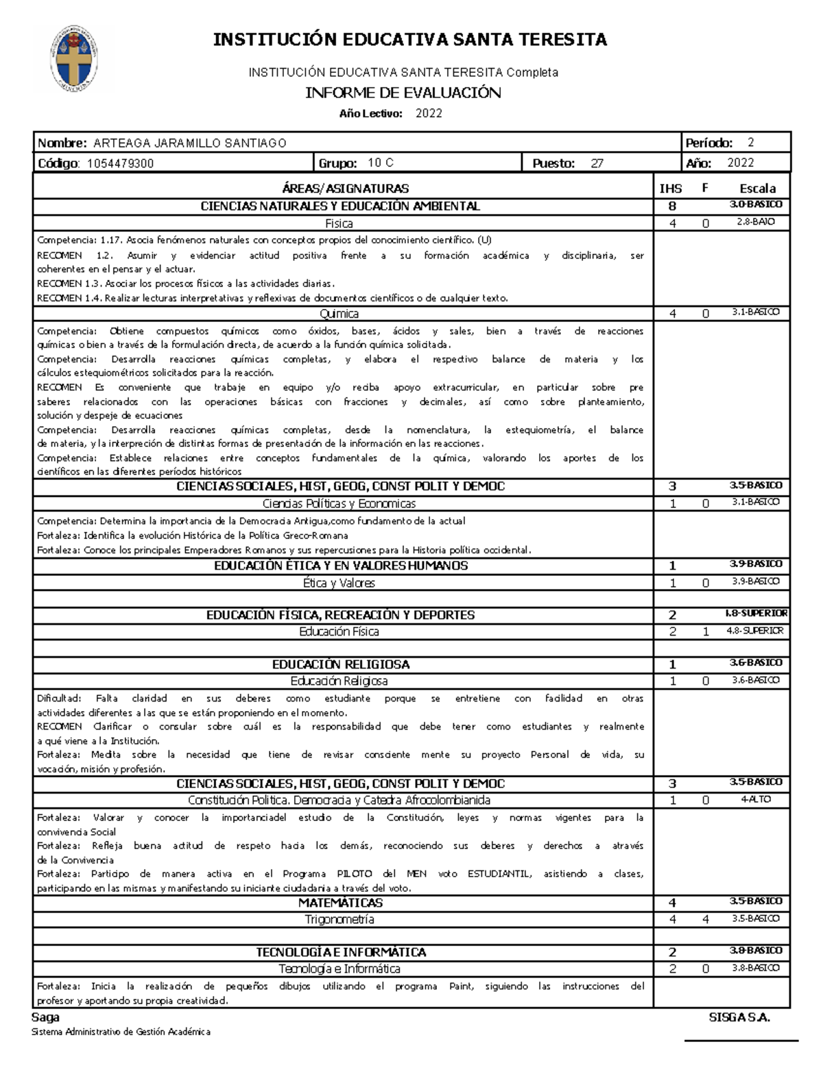 Informe de Evaluacion - hola - INSTITUCIÓN EDUCATIVA SANTA TERESITA ...
