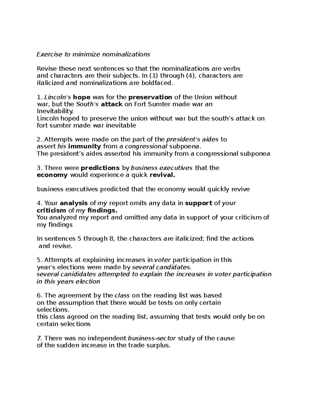 Nominalizations exercise - Exercise to minimize nominalizations Revise ...