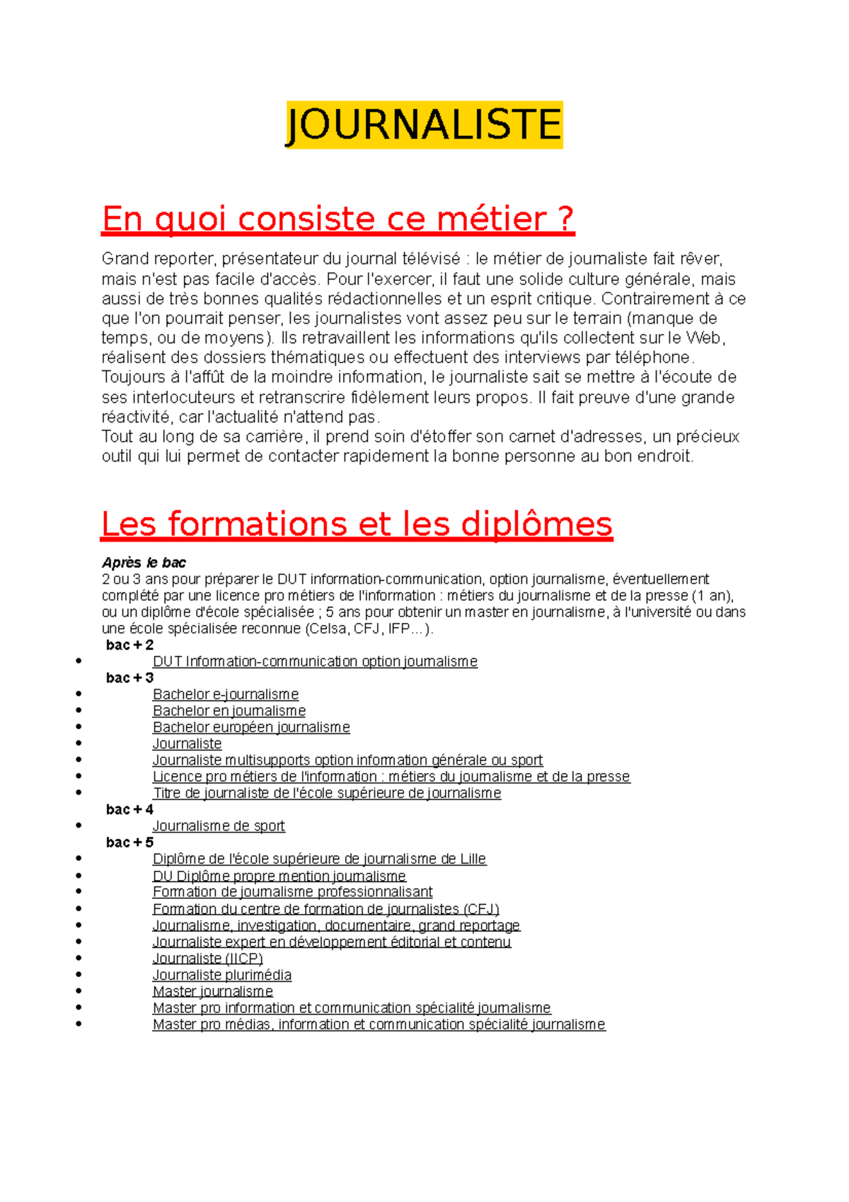 Fiche Metier Journaliste JOURNALISTE En Quoi Consiste Ce M tier
