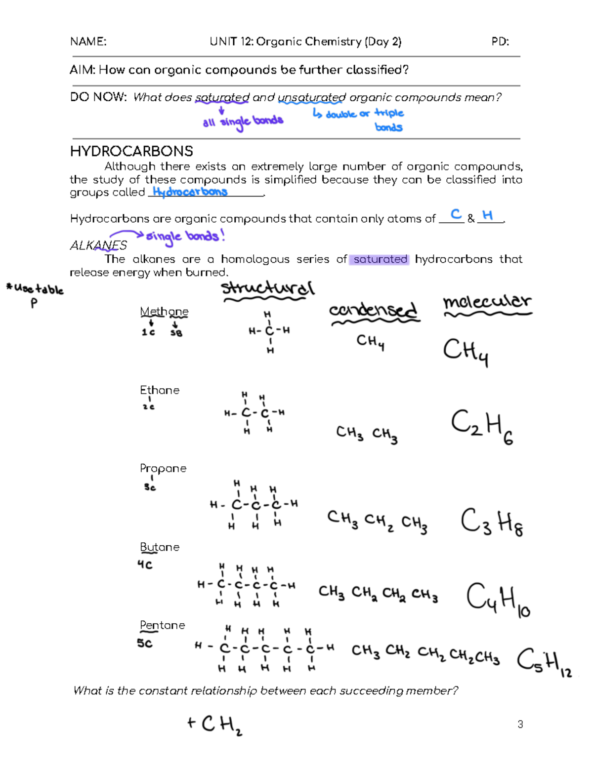 Unit 12 Day 2 Homologous Series - NAME: AIM: How can organic compounds ...