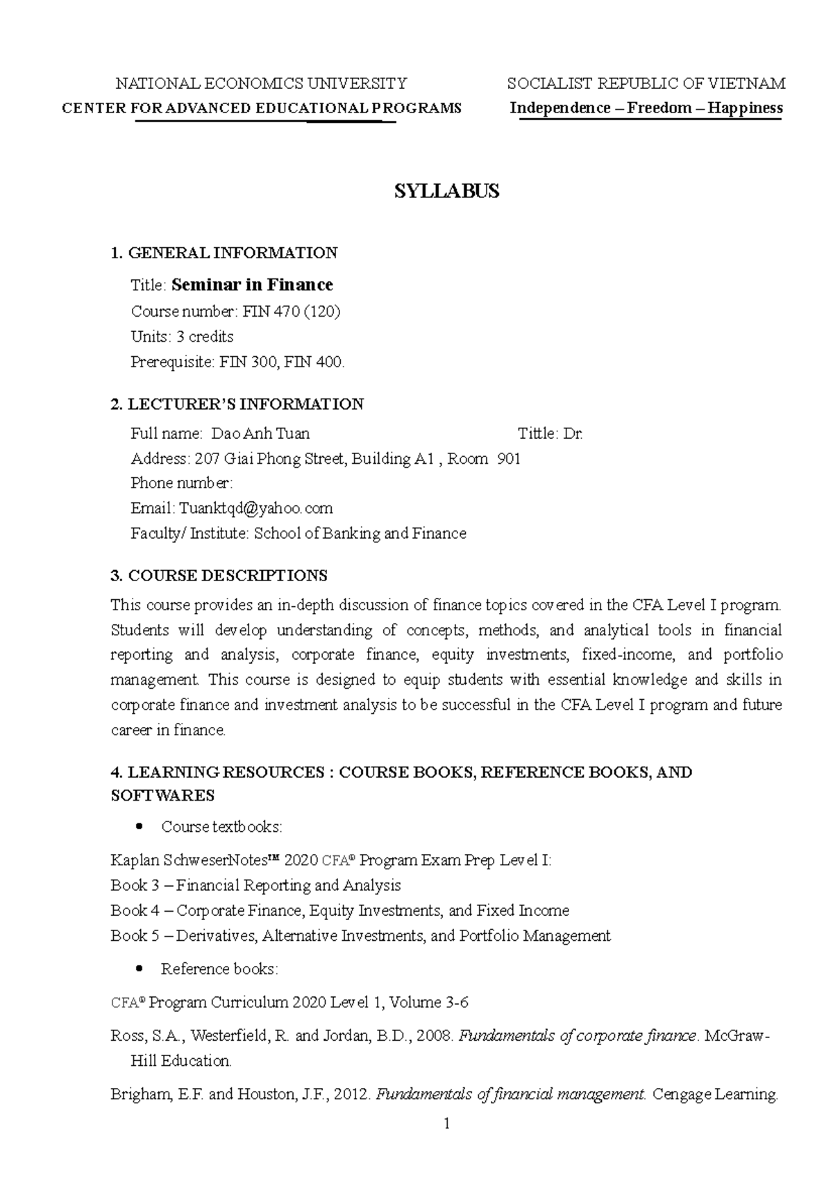 Syllabus Seminar in Finance Dr. Dao Tuan - NATIONAL ECONOMICS ...
