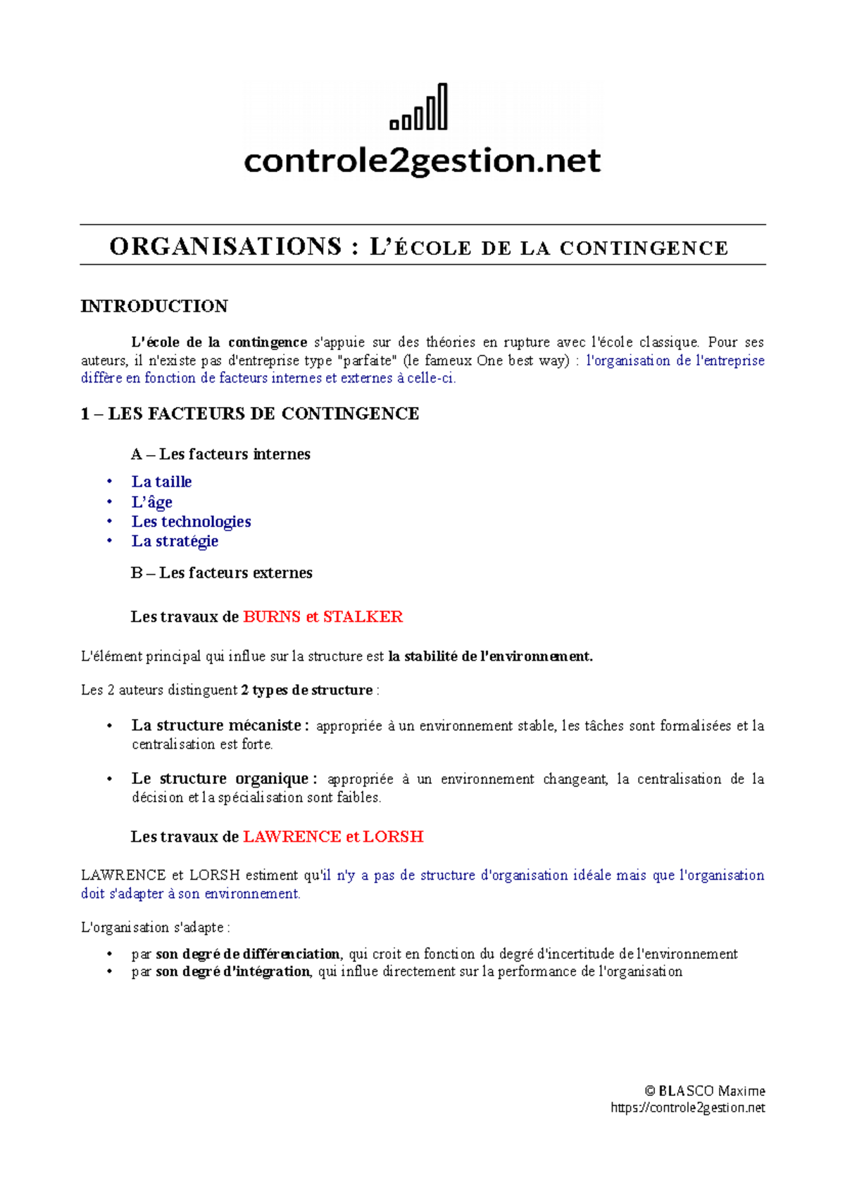 Fiche Lécole de la contingence - ORGANISATIONS : L’ÉCOLE DE LA ...