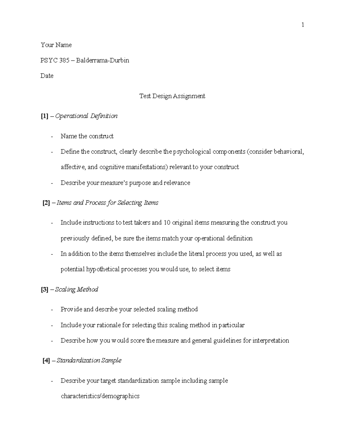 PSYC385-Test Design Assignment Outline - 1 Your Name PSYC 385 ...