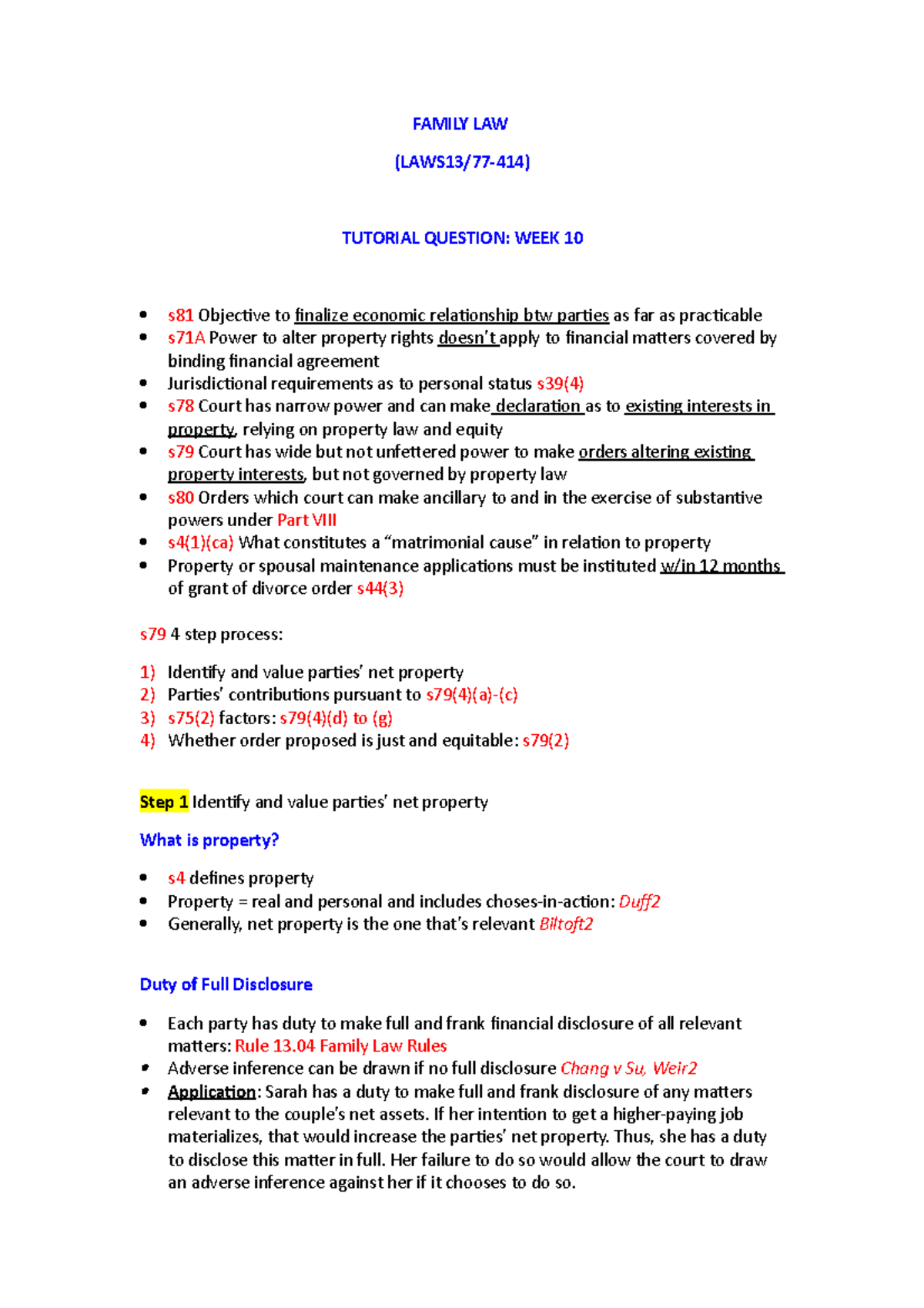 Week 10 - question - FAMILY LAW (LAWS13/77-414) TUTORIAL QUESTION: WEEK ...
