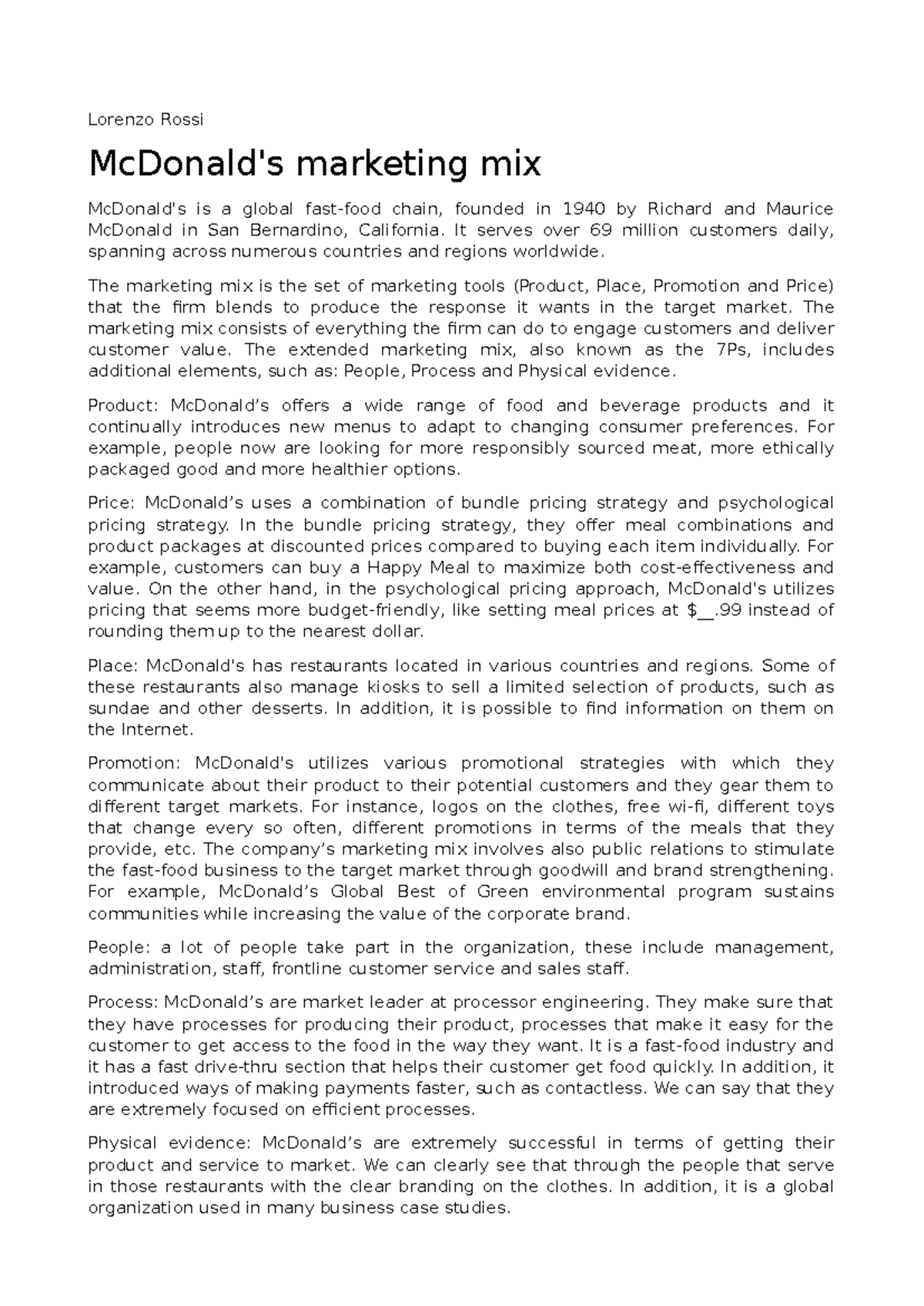 Mc Donald's marketing mix - Lorenzo Rossi McDonald's marketing mix ...