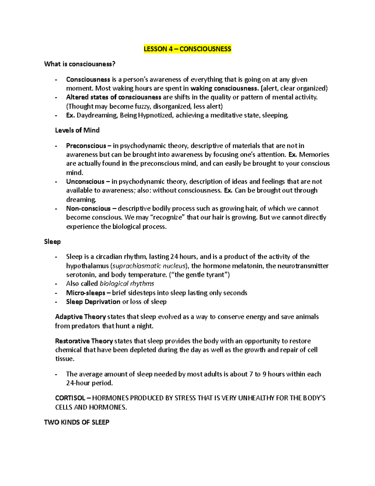 Intro to Psychology Midterms - LESSON 4 – CONSCIOUSNESS What is ...