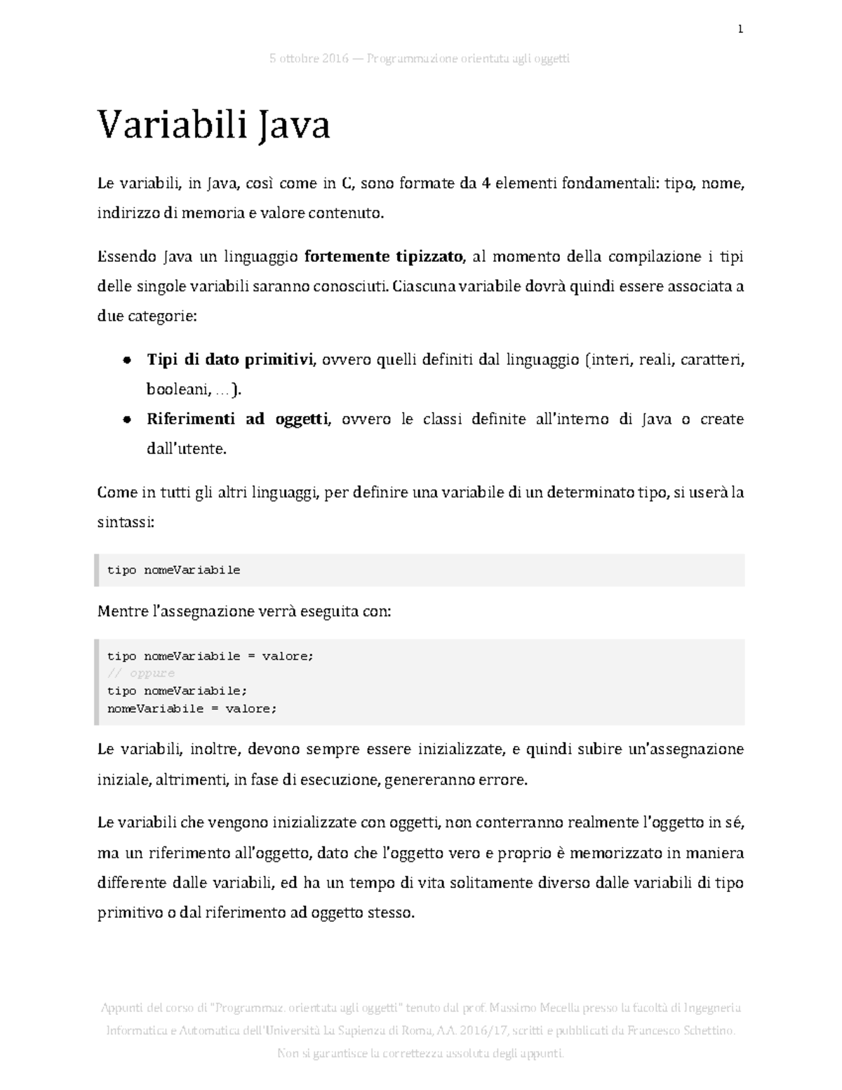 Appunti - Programmazione orientata agli oggetti - Variabili, oggetti ...