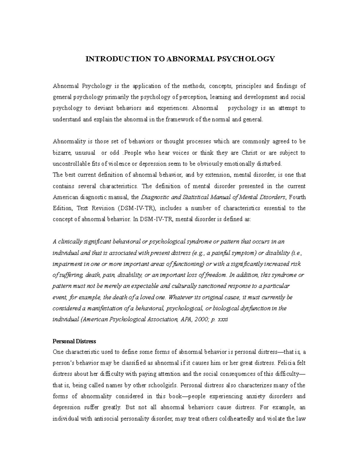 21010489 Intro Abnormal Psychology - INTRODUCTION TO ABNORMAL ...