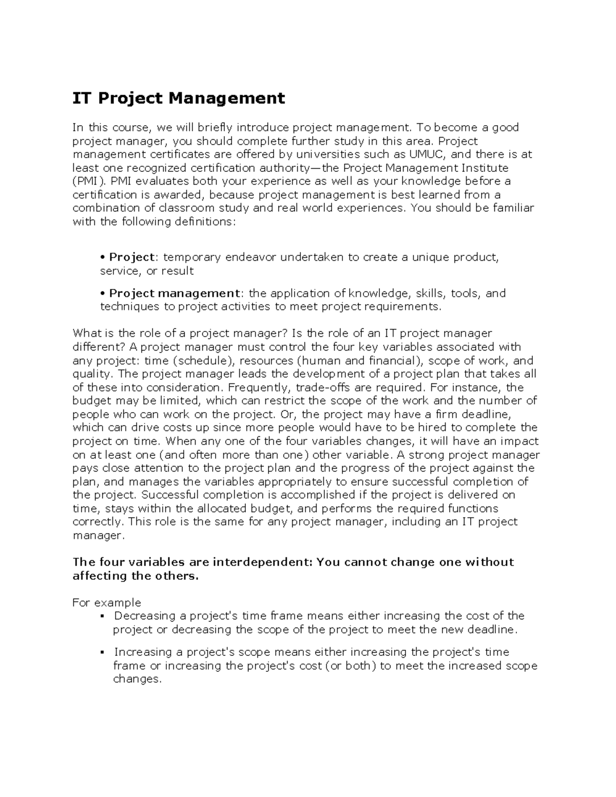 IT Project Management - Lecture notes week 8 - IT Project Management In ...