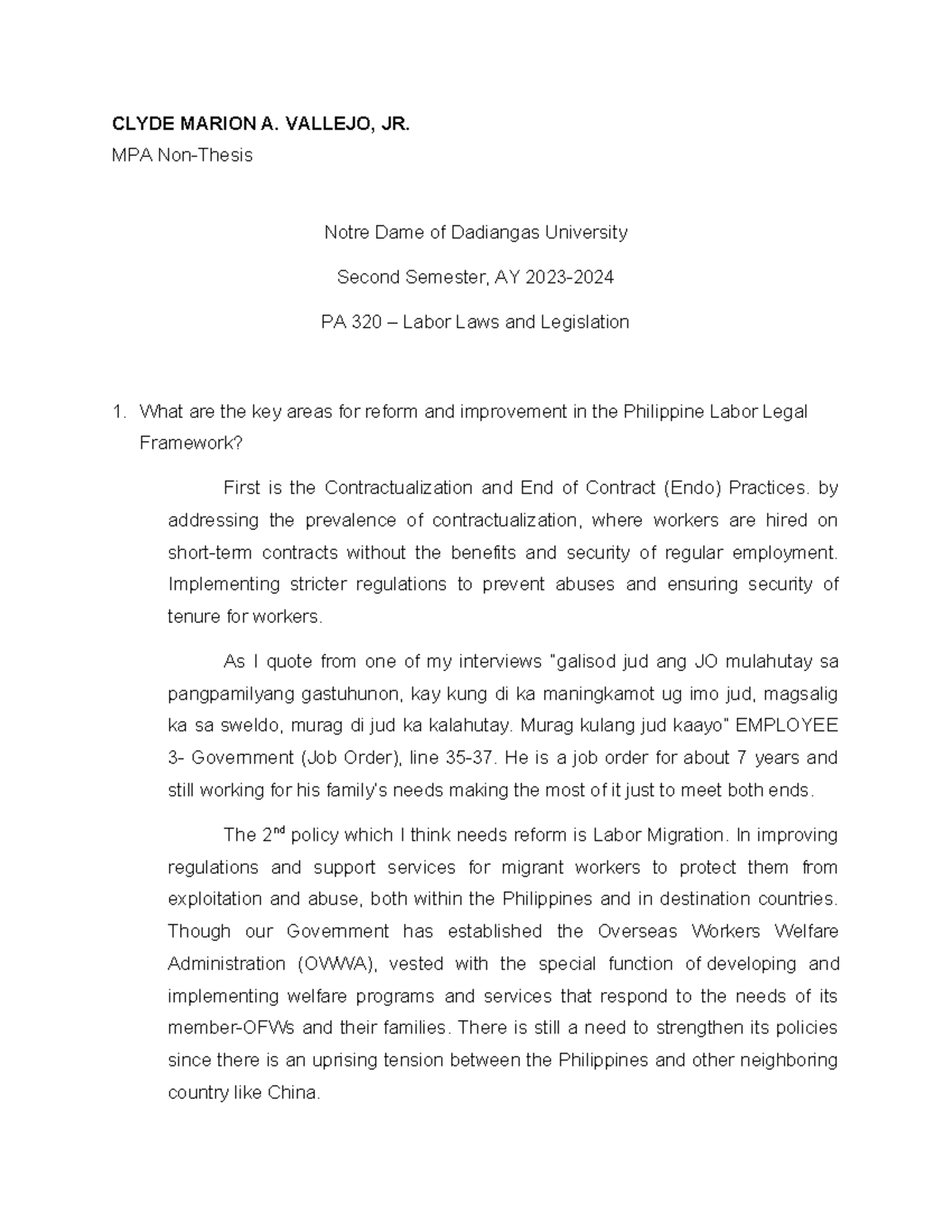 Assignment - aaa - CLYDE MARION A. VALLEJO, JR. MPA Non-Thesis Notre ...
