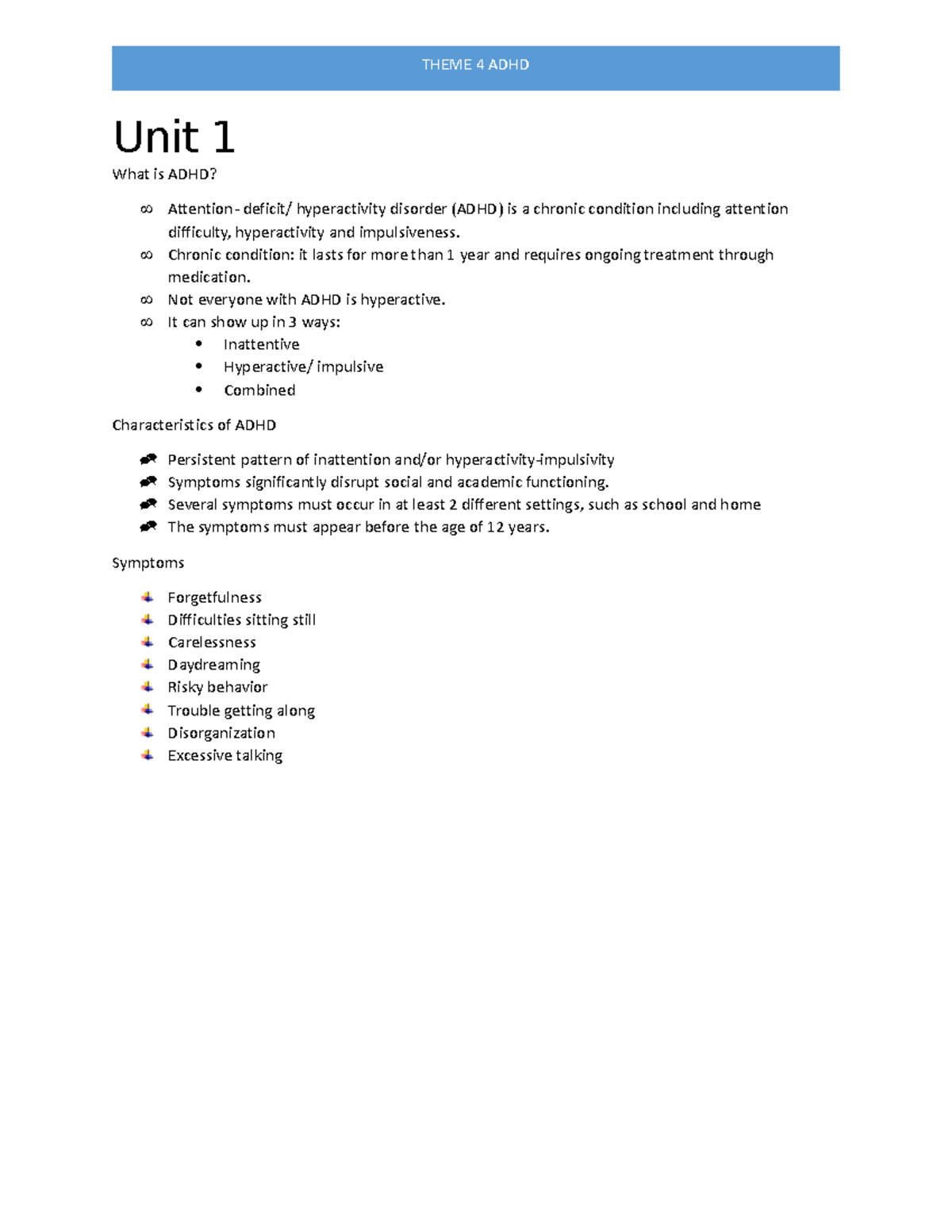 S2 Theme 4 - Summarized Notes - Unit 1 What is ADHD? Attention- deficit ...