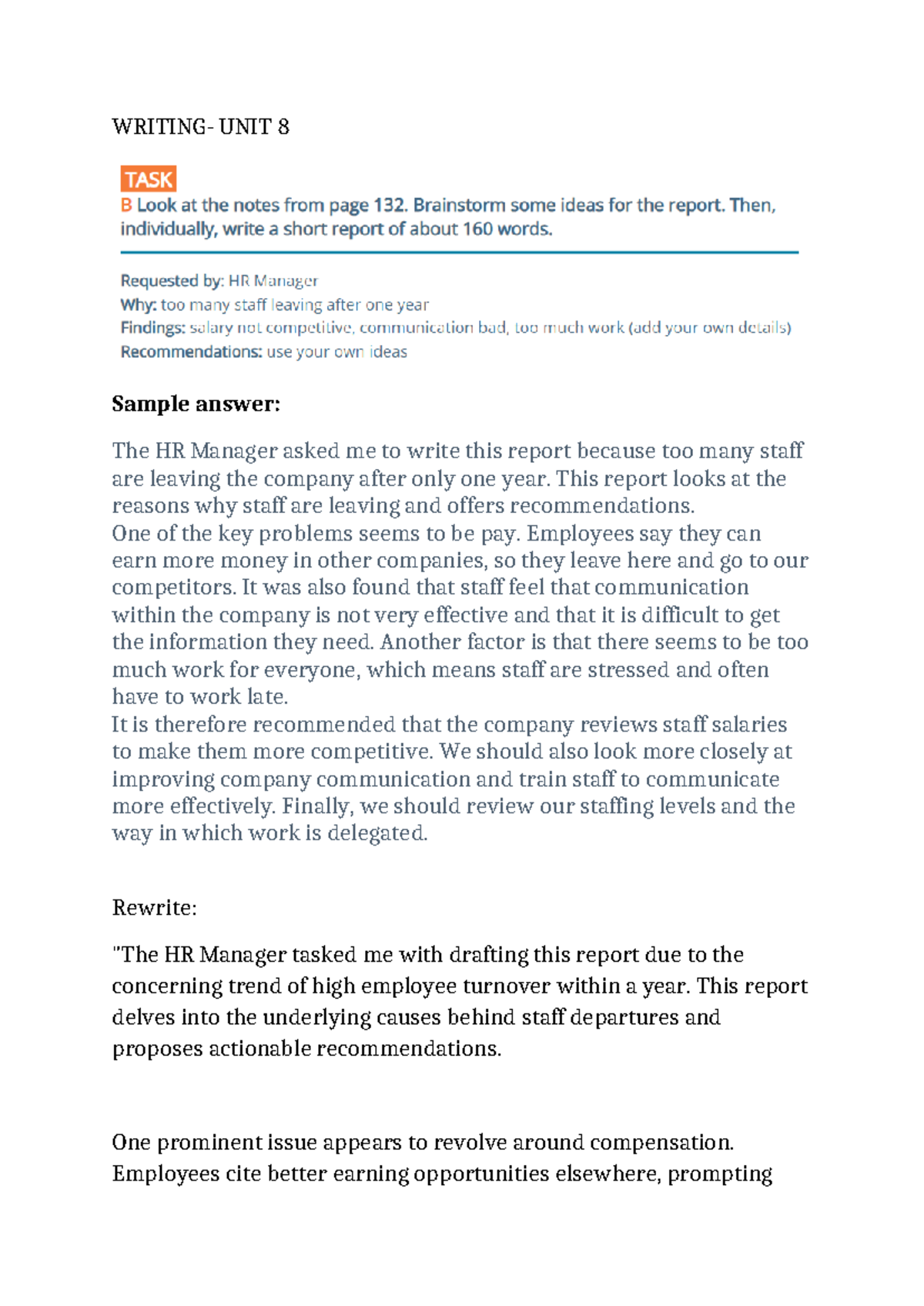 Writing - UNIT 8 - WRITING- UNIT 8 Sample answer: The HR Manager asked ...
