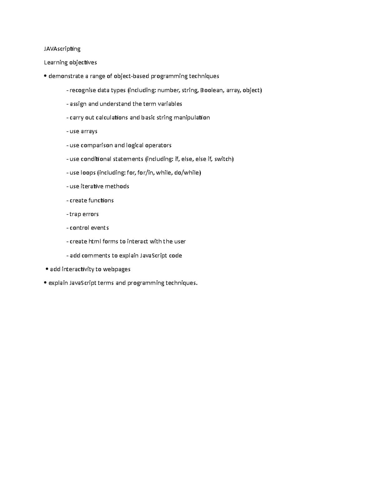 9626 Javascripting Java Scipting Javascripting Learning Objectives 4503