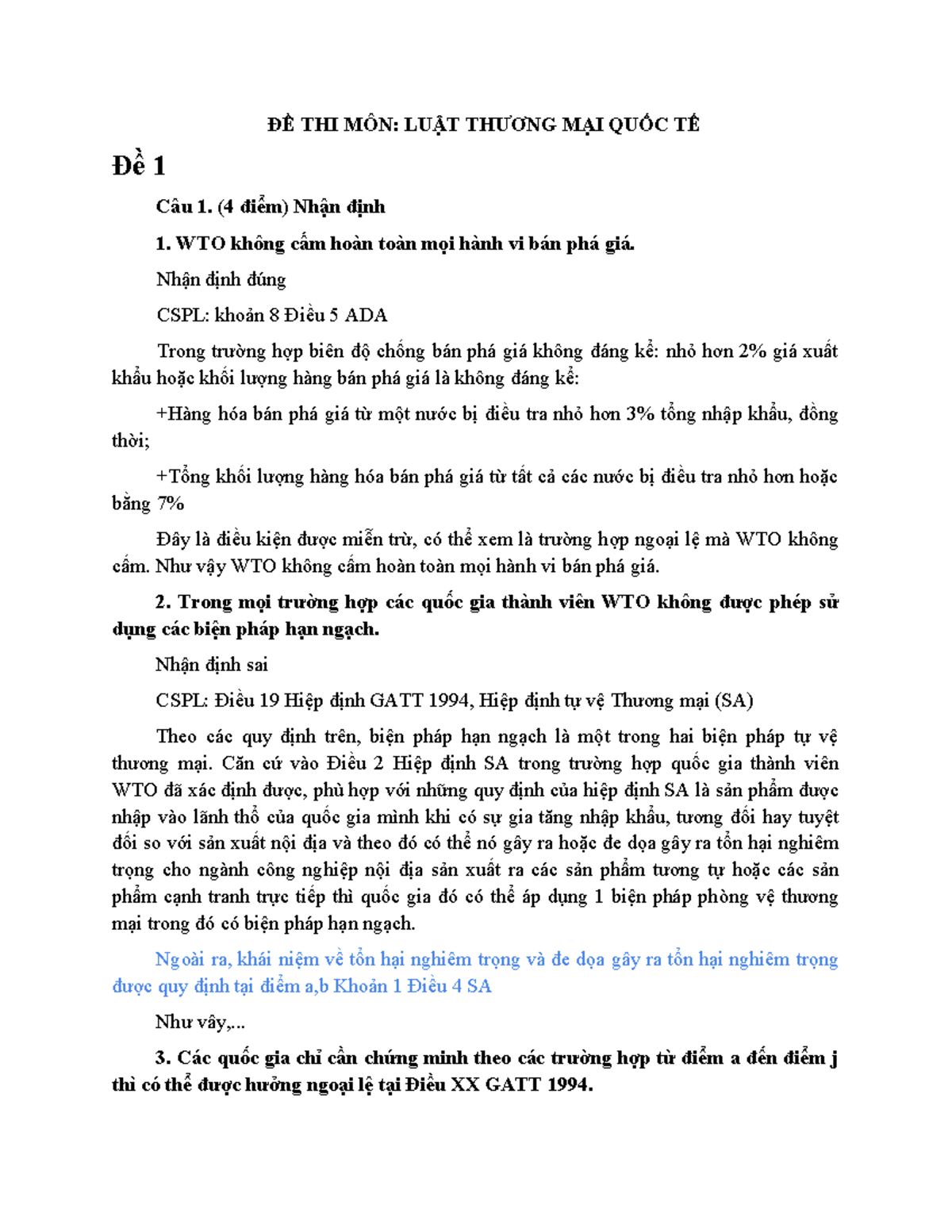 ĐỀ THI TMQT - ĐỀ THI LUẬT THƯƠNG MẠI QUỐC TẾ - ĐỀ THI MÔN: LUẬT THƯƠNG MẠI QUỐC TẾ Đề 1 Câu 1 ...