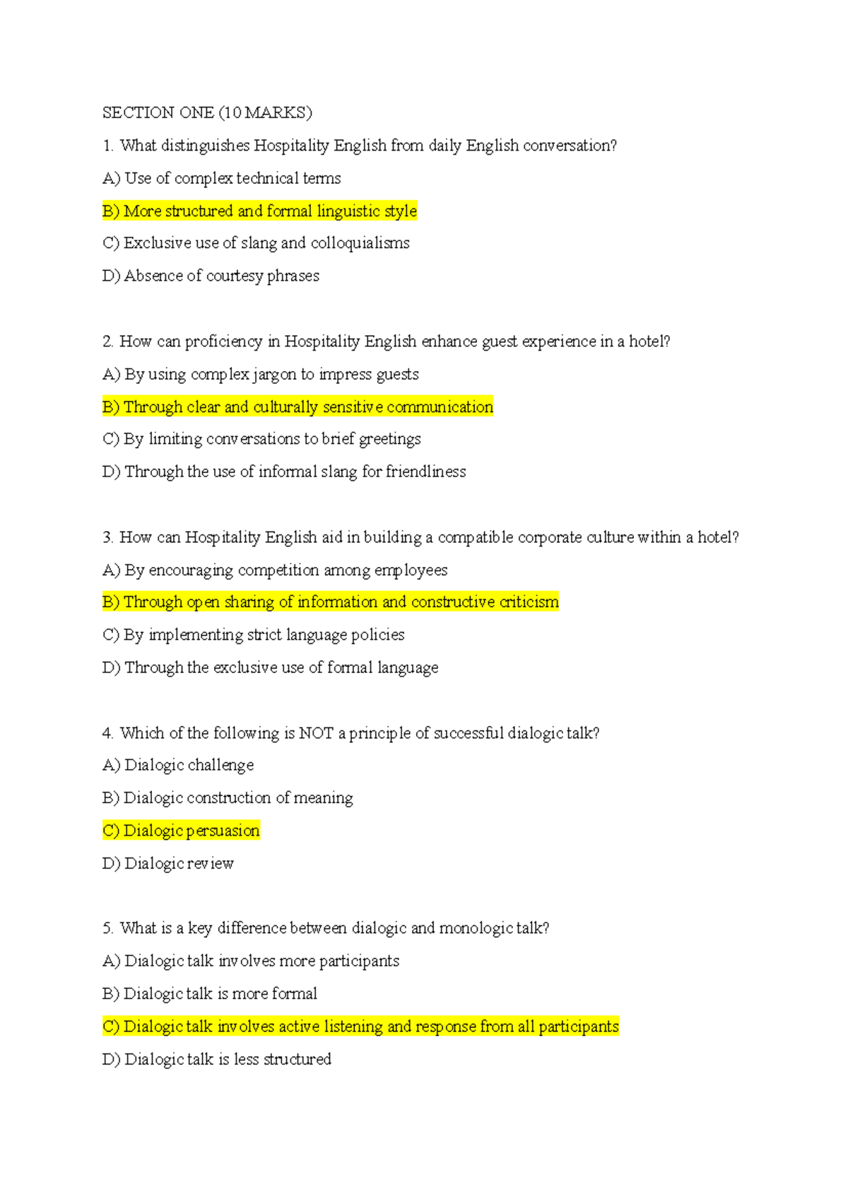 Quiz 1 SBLE3043 - hospitality english quiz pratice - SECTION ONE (10 ...