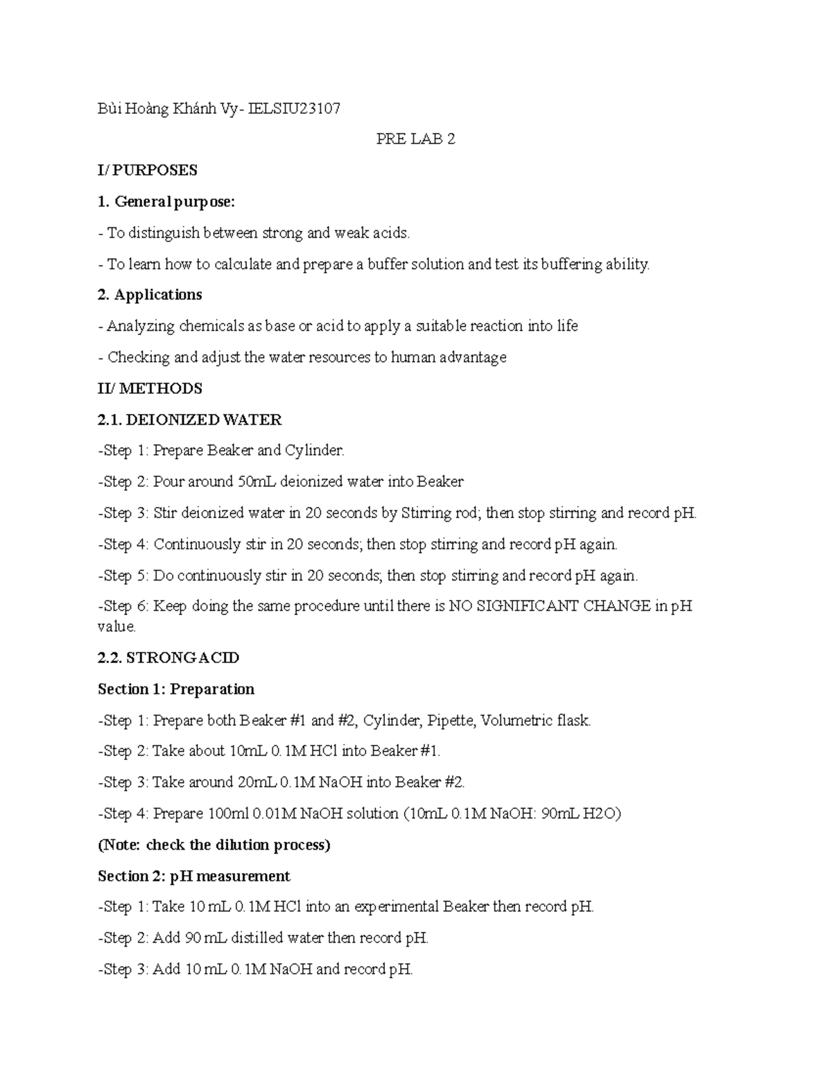Prelab 2 - chem lab courses - Bùi Hoàng Khánh Vy- IELSIU PRE LAB 2 I/ PURPOSES General purpose ...