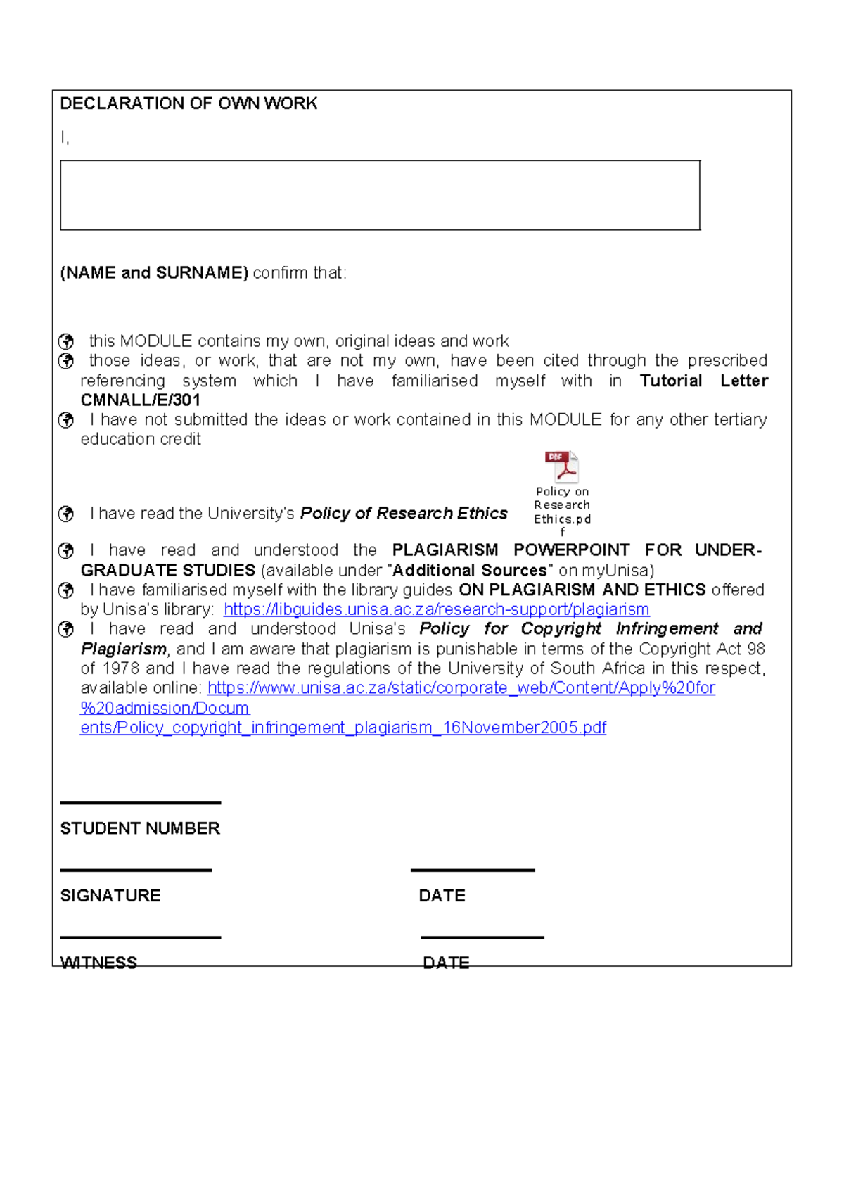 Declaration Form - DECLARATION OF OWN WORK I, (NAME and SURNAME ...