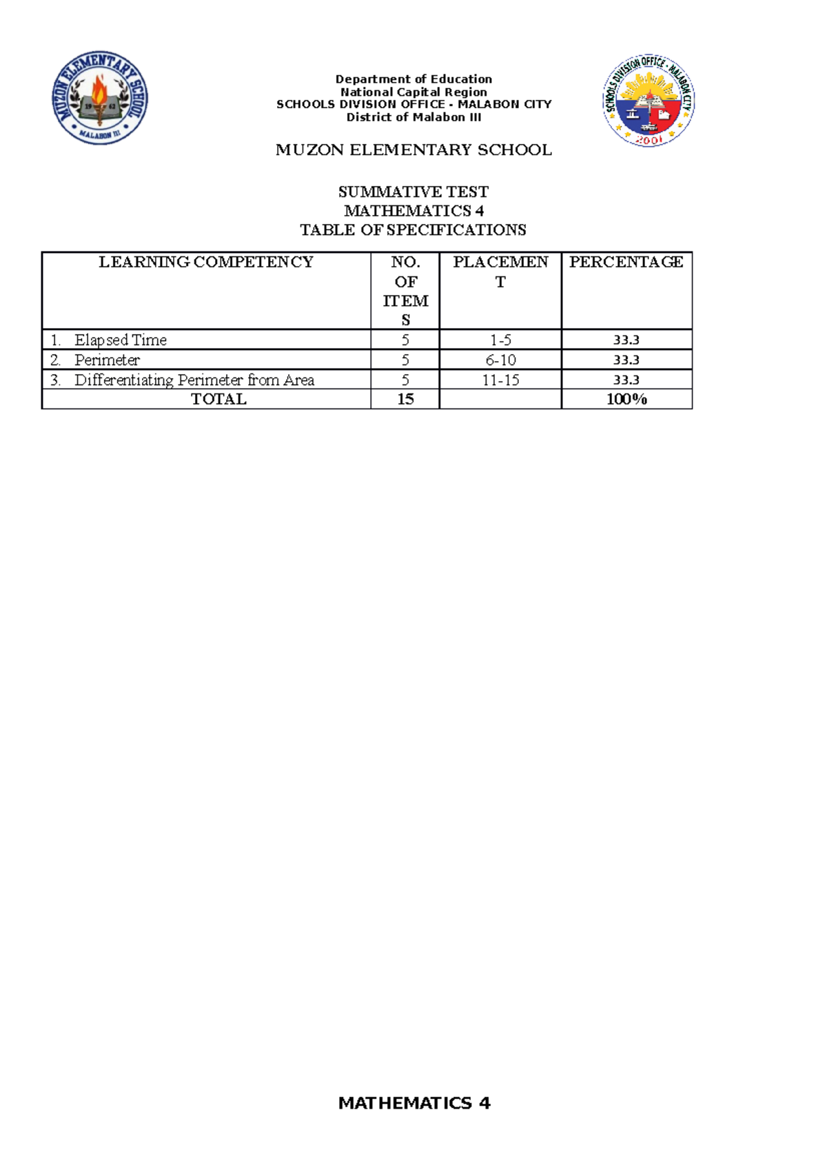 Math4 St4 Q3 4 It Is A Summative Test Department Of Education