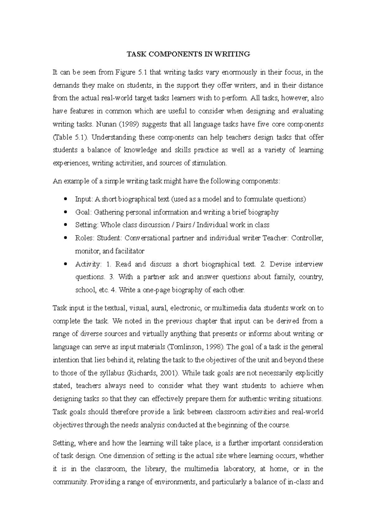 TASK Components IN Writing - TASK COMPONENTS IN WRITING It can be seen ...