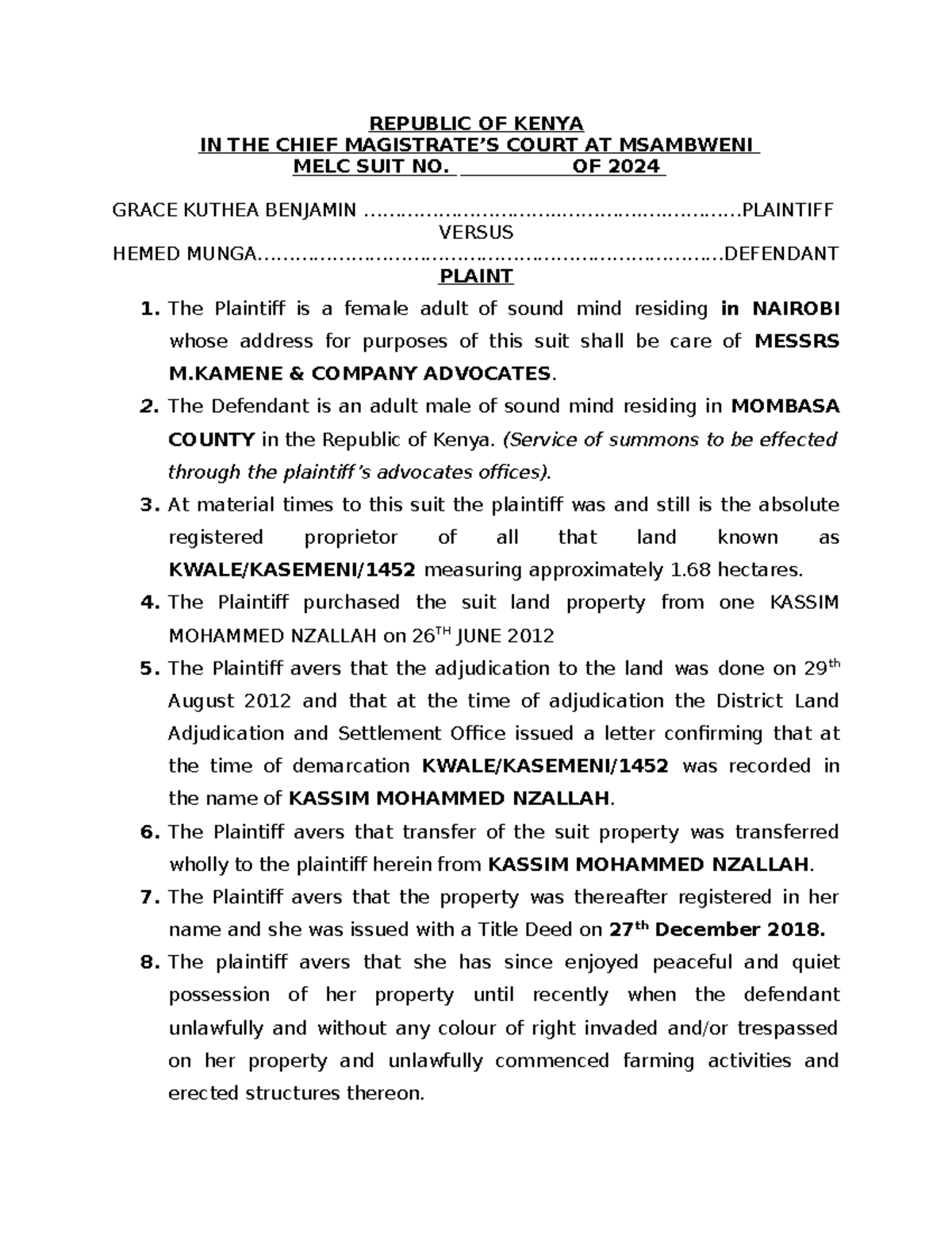 Vacation plaint - REPUBLIC OF KENYA IN THE CHIEF MAGISTRATE’S COURT AT ...