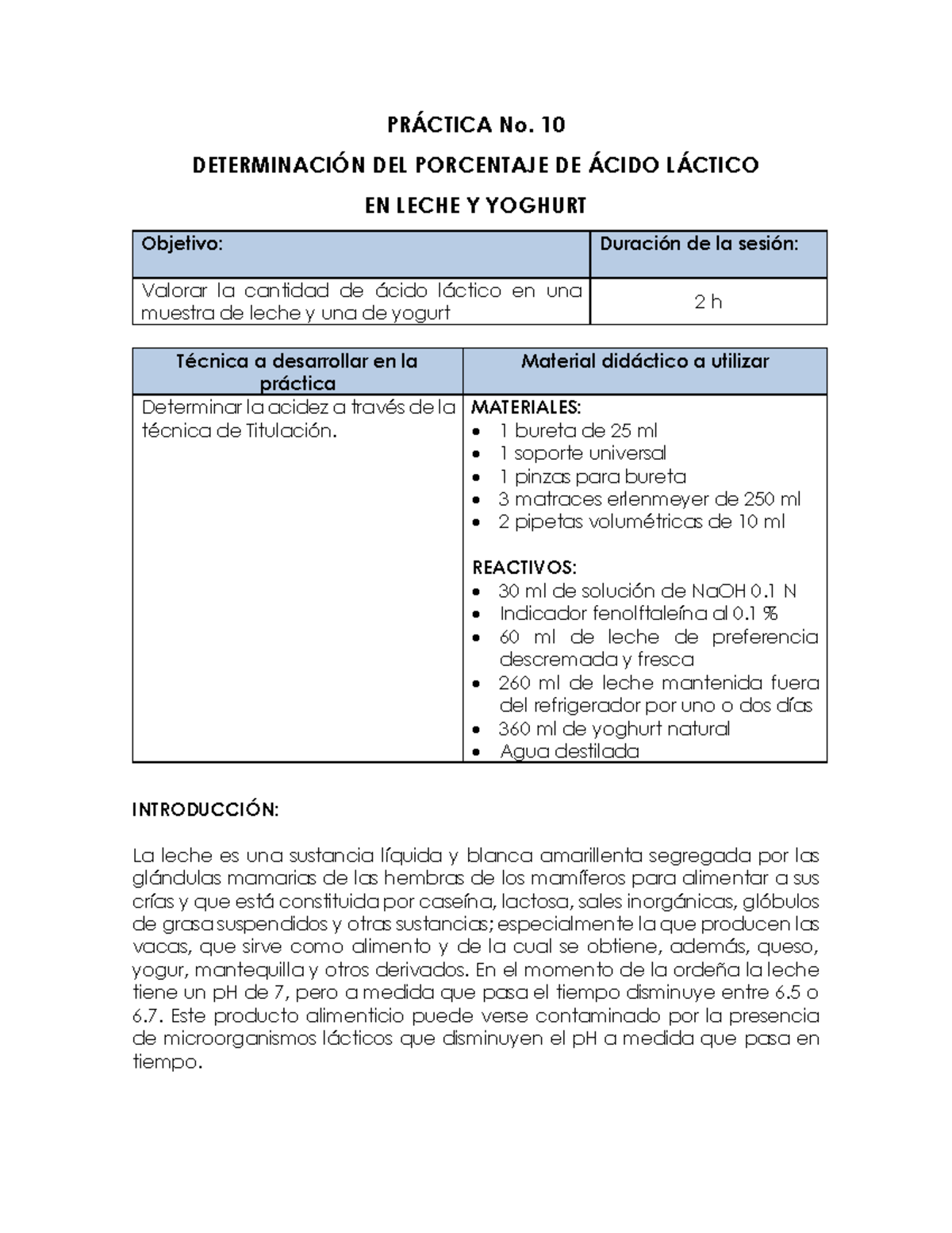 Práctica No.10 Leche y Yogur - PR¡CTICA No. 10 DETERMINACI”N DEL PORCENTAJE DE ¡CIDO L¡CTICO EN ...