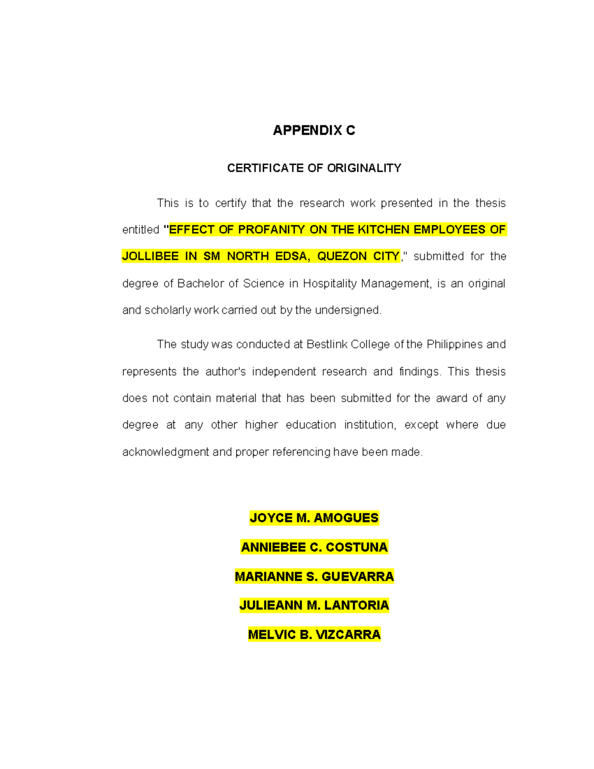 Appendix-C Originality Certificate - APPENDIX C CERTIFICATE OF ...