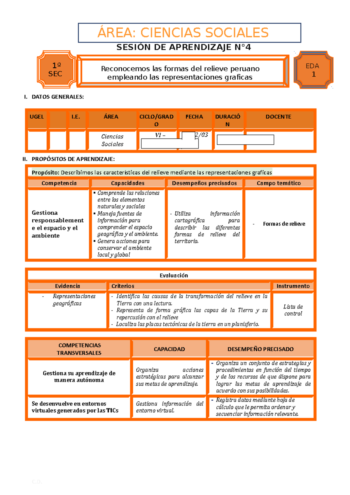 1° Sesión DE Aprendizaje Sesión 4-SEM.2-1- EXP 1 - SESIÓN DE APRENDIZAJE N° I. DATOS GENERALES ...