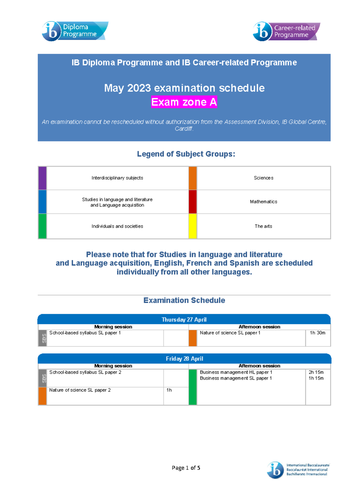 May 2023 examination schedule exam zone a - IB Diploma Programme and IB Career-related Programme ...
