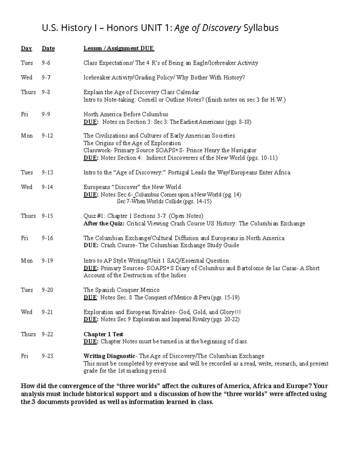 2022 Age of Discovery Class Calendar and Key Terms 2021 - U. History I ...