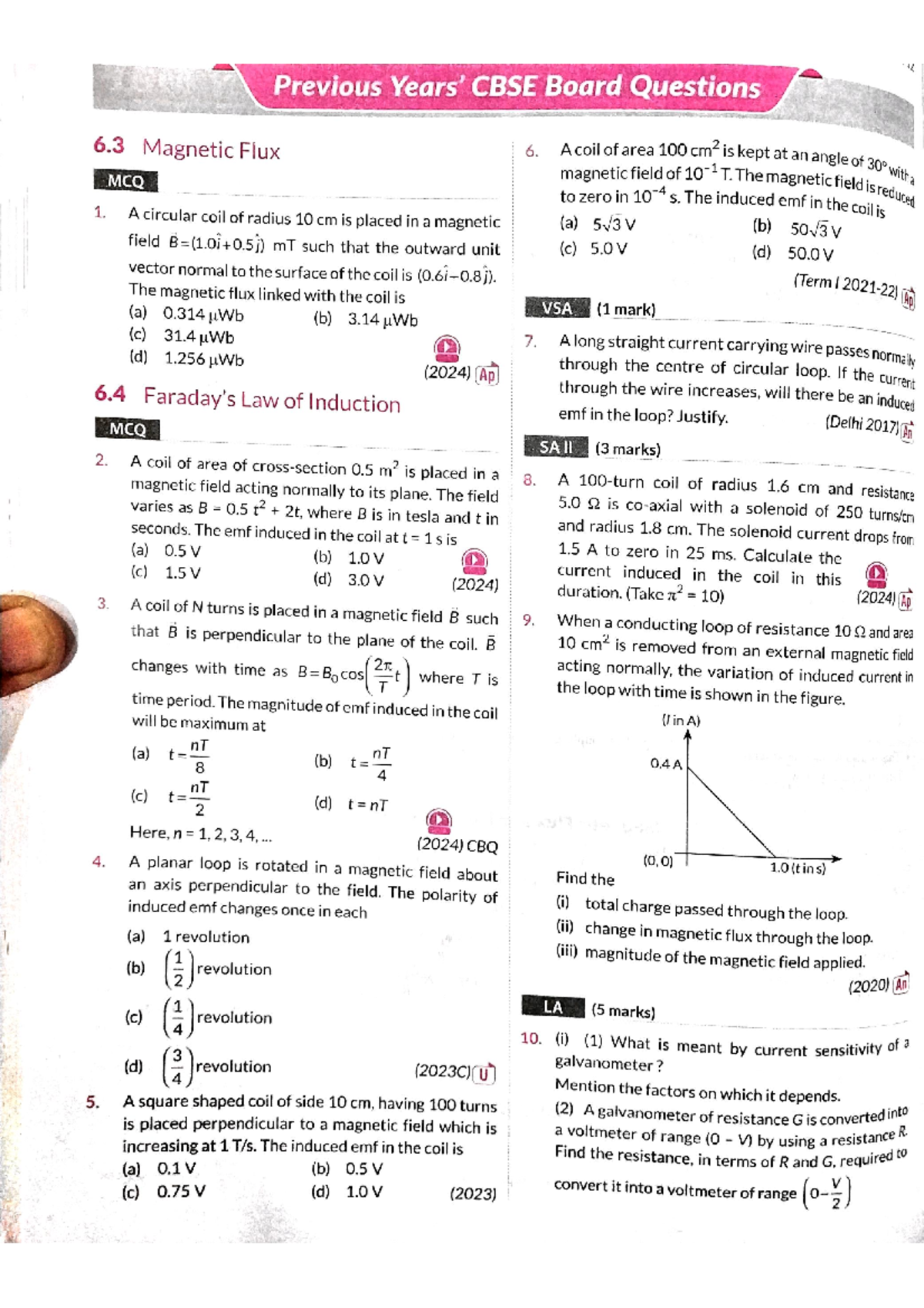 EMI PYQ - practise - Previous CBSE Board Questions 6 Magnetic Flux 6. A coil of area 100 cm² is ...