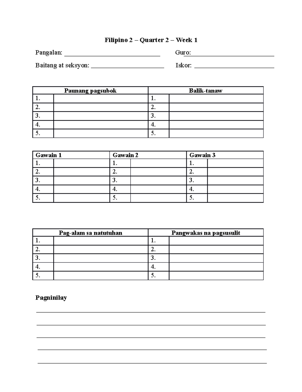 Filipino grade 2 answers - Filipino 2 – Quarter 2 – Week 1 Pangalan ...