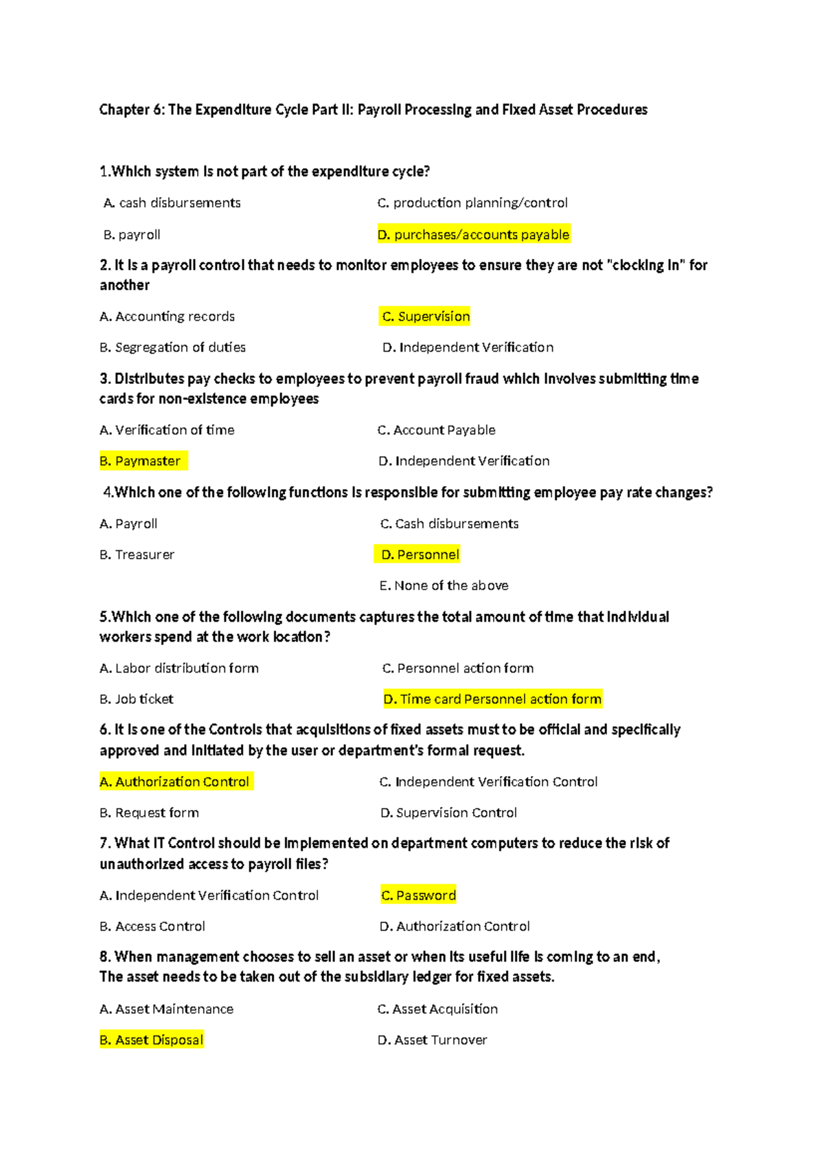 Chapter 6 AIS Questionnaire - Chapter 6: The Expenditure Cycle Part II: Payroll Processing and ...