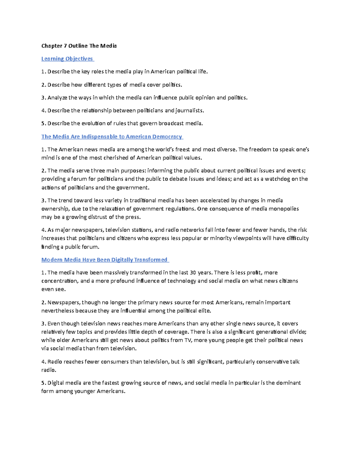Chapter 7 Outline The Media - GOVT 2305 - LSC - Studocu