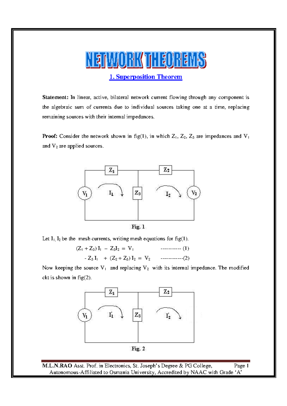 Network Theorems - Summary Physical concepts - M.L.N Asst. Prof. in Electronics, St. Joseph’s ...