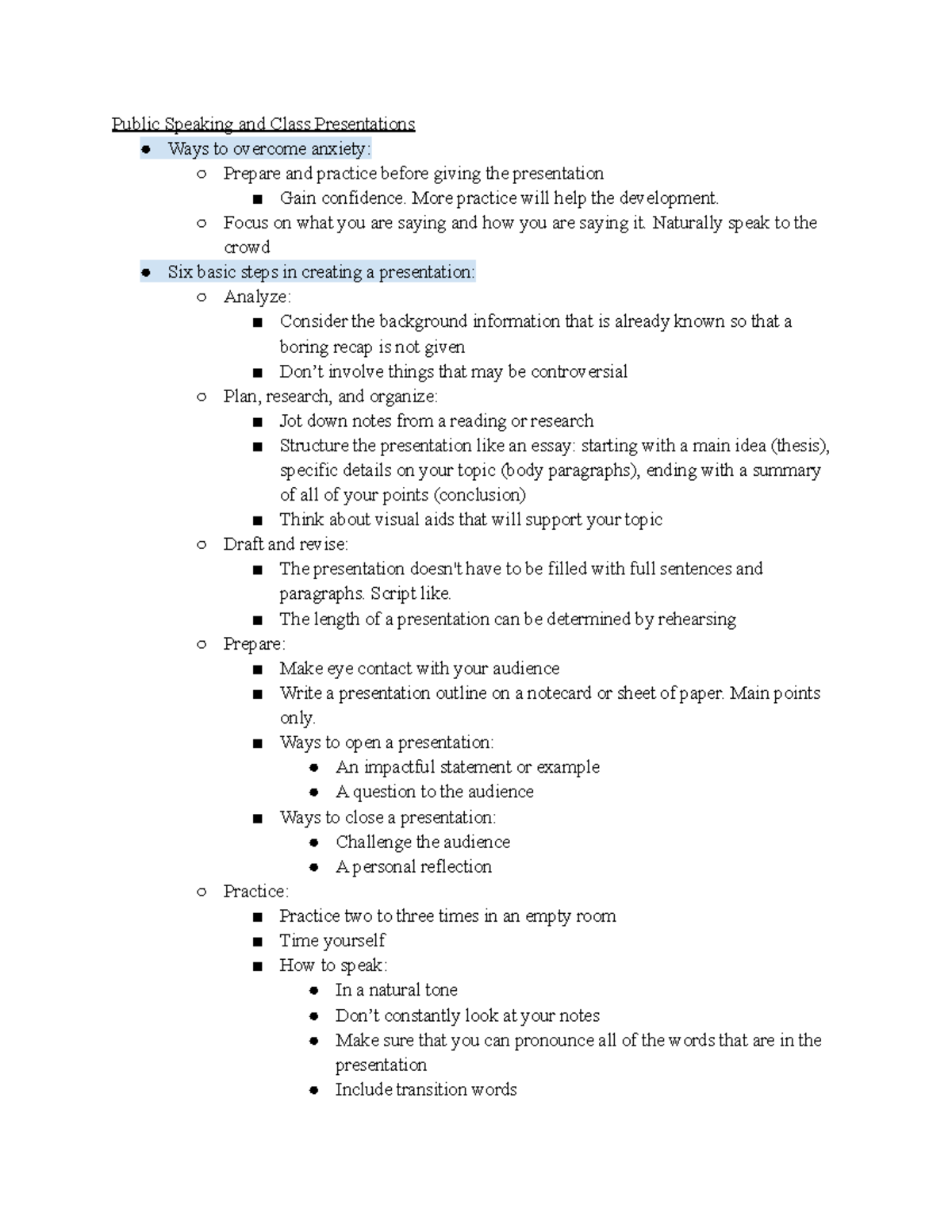 7.4 notes - Public speaking and class presentations - Public Speaking ...