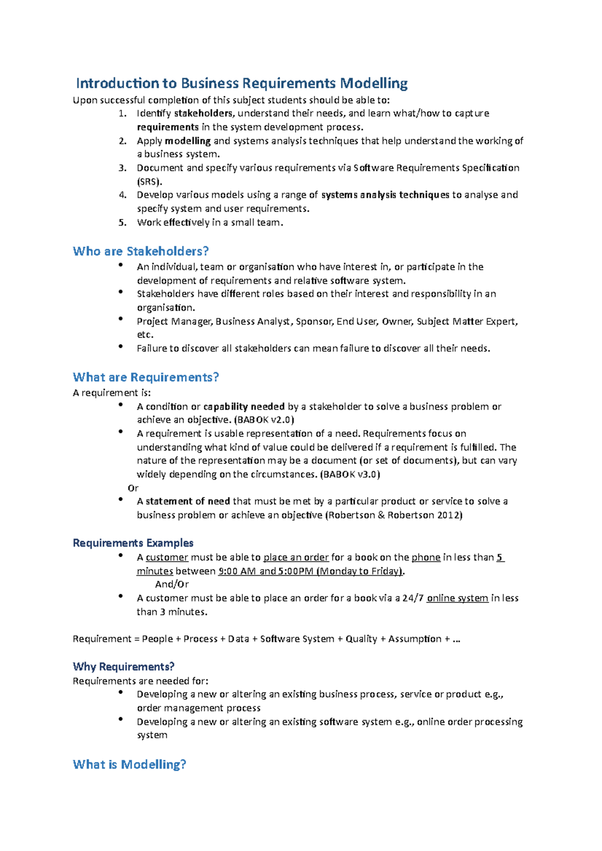 Introduction to Business Requirements Modelling - Notes - Introducion ...