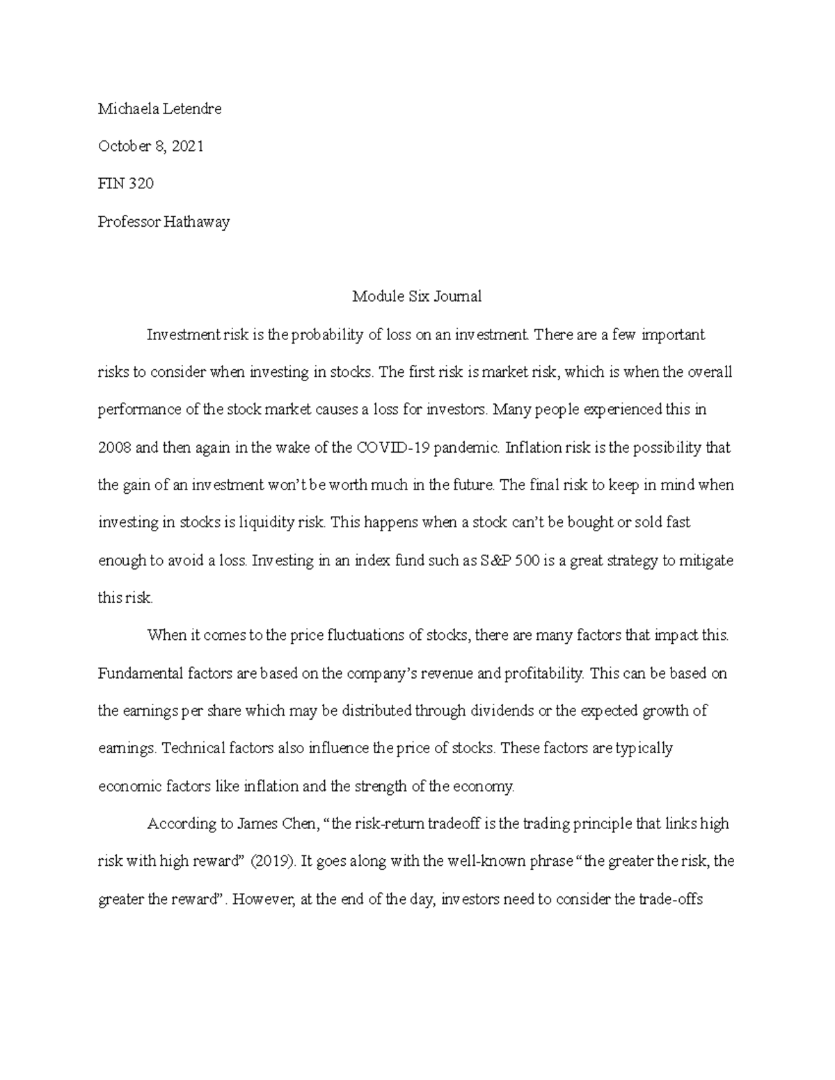 FIN320 Module 6 Journal - Michaela Letendre October 8, 2021 FIN 320 ...