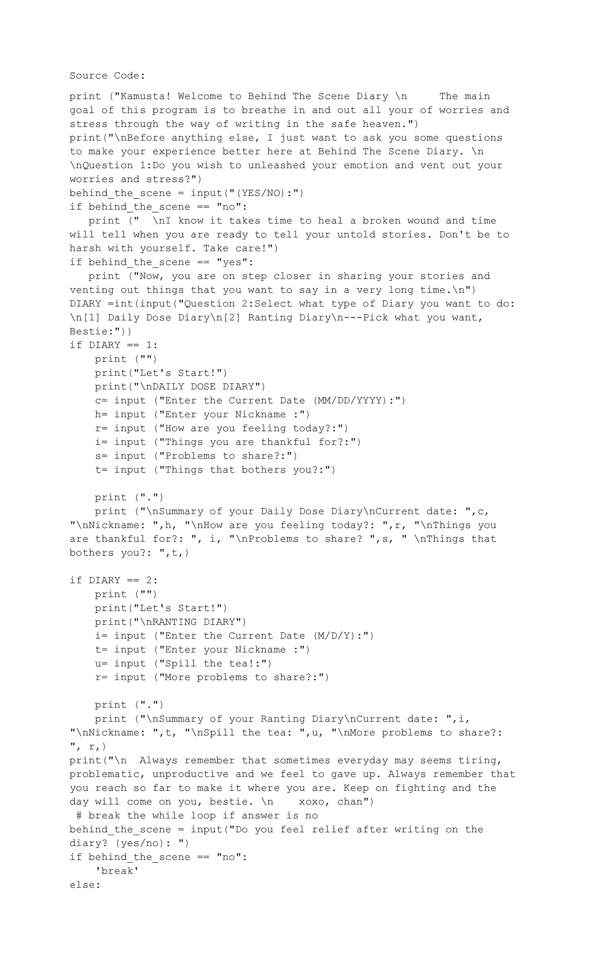 Source Code - comprog 1 - Source Code: print ("Kamusta! Welcome to ...