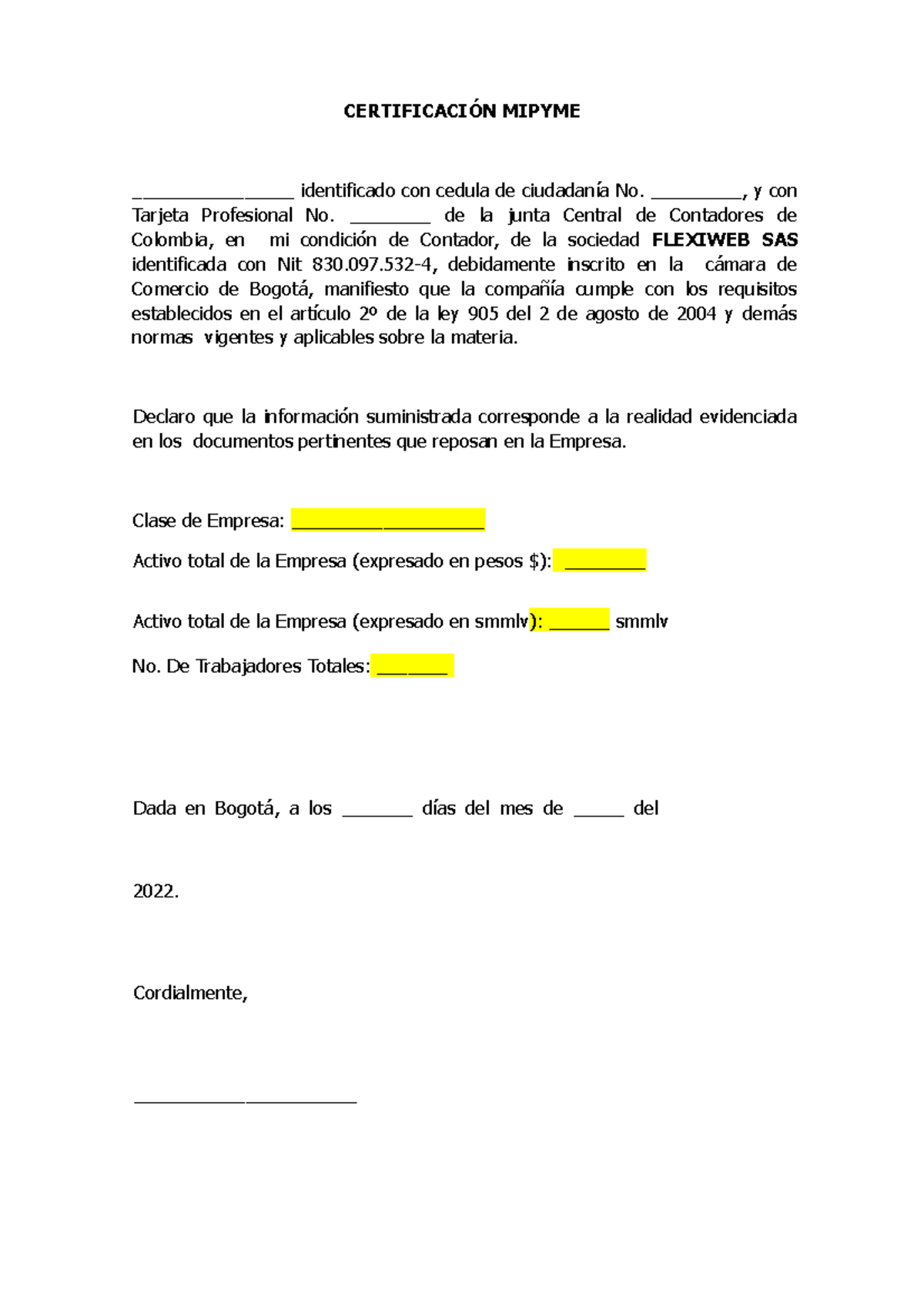Formato certificación Mipyme- Registro Marca SIC - CERTIFICACIÓN MIPYME