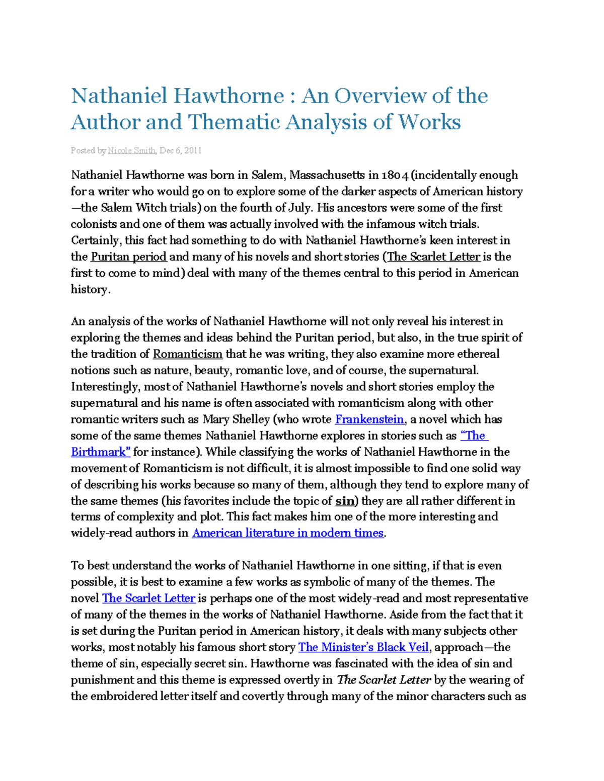 Nathaniel Hawthorne Overview - Nathaniel Hawthorne : An Overview of the ...