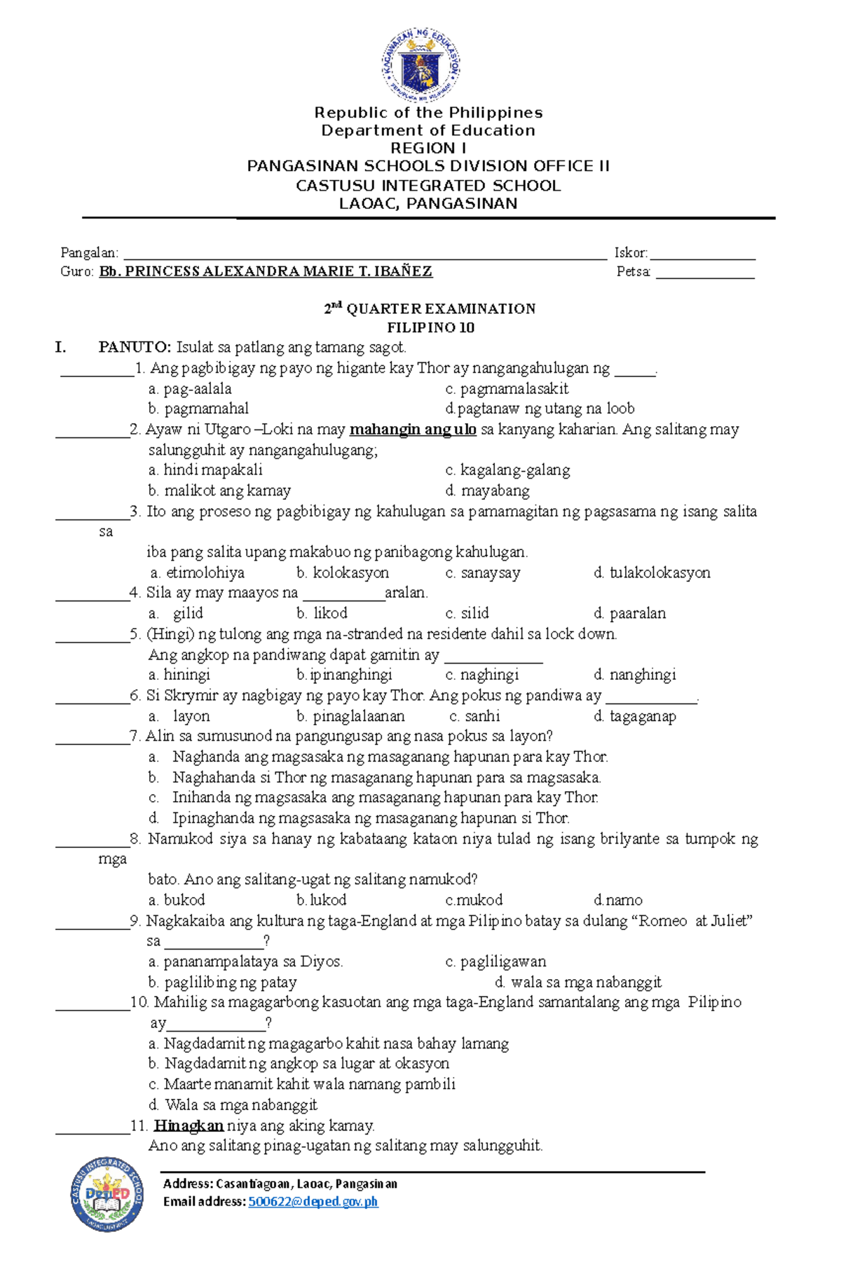 2nd quarter exam FIL 10 - EXAM - Republic of the Philippines Department ...